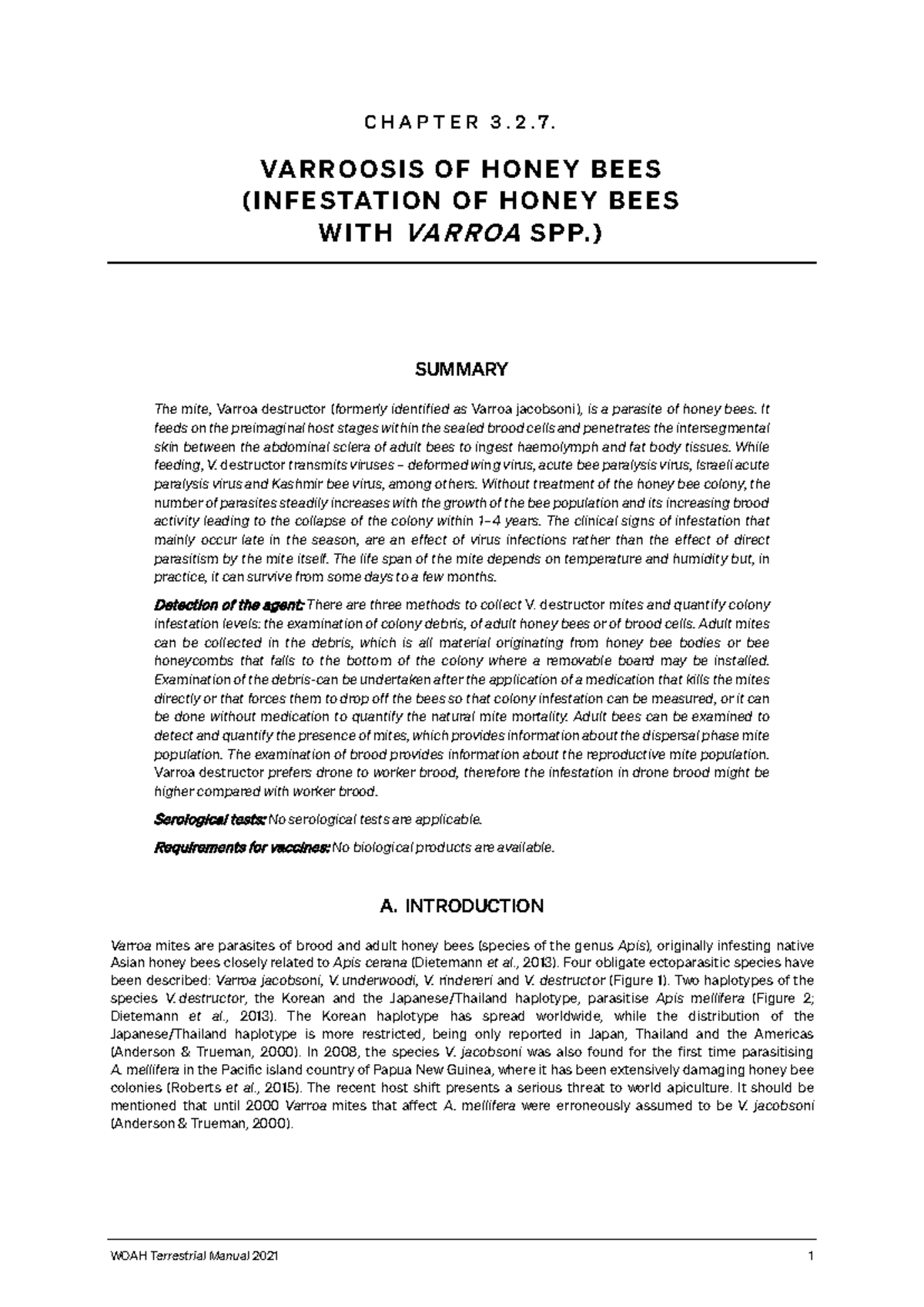 Chapter 3.2.7: Varroosis of Honey Bees - Infestation by Varroa spp. Summary - Studocu