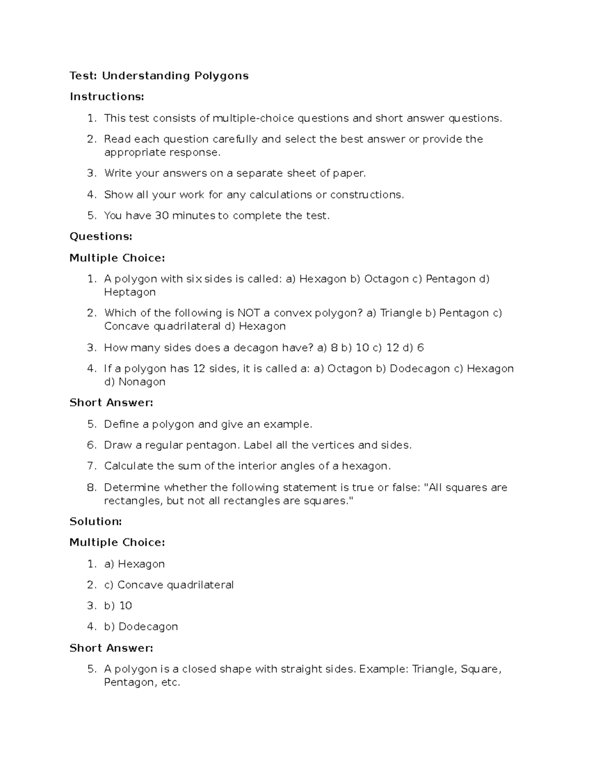 Polygons Testbank 1: MCQs and Short Answers for Understanding Polygons ...