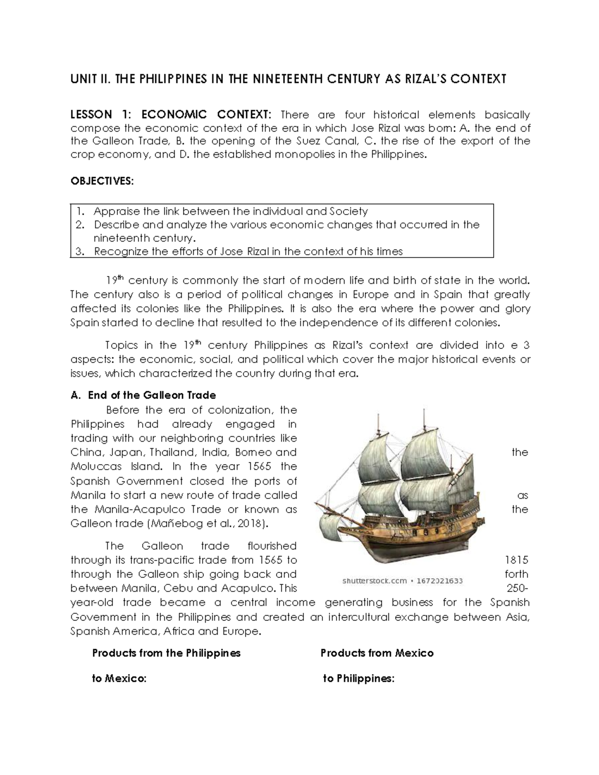 Unit II: Social, Economic, and Political Context of Rizal's Philippines ...