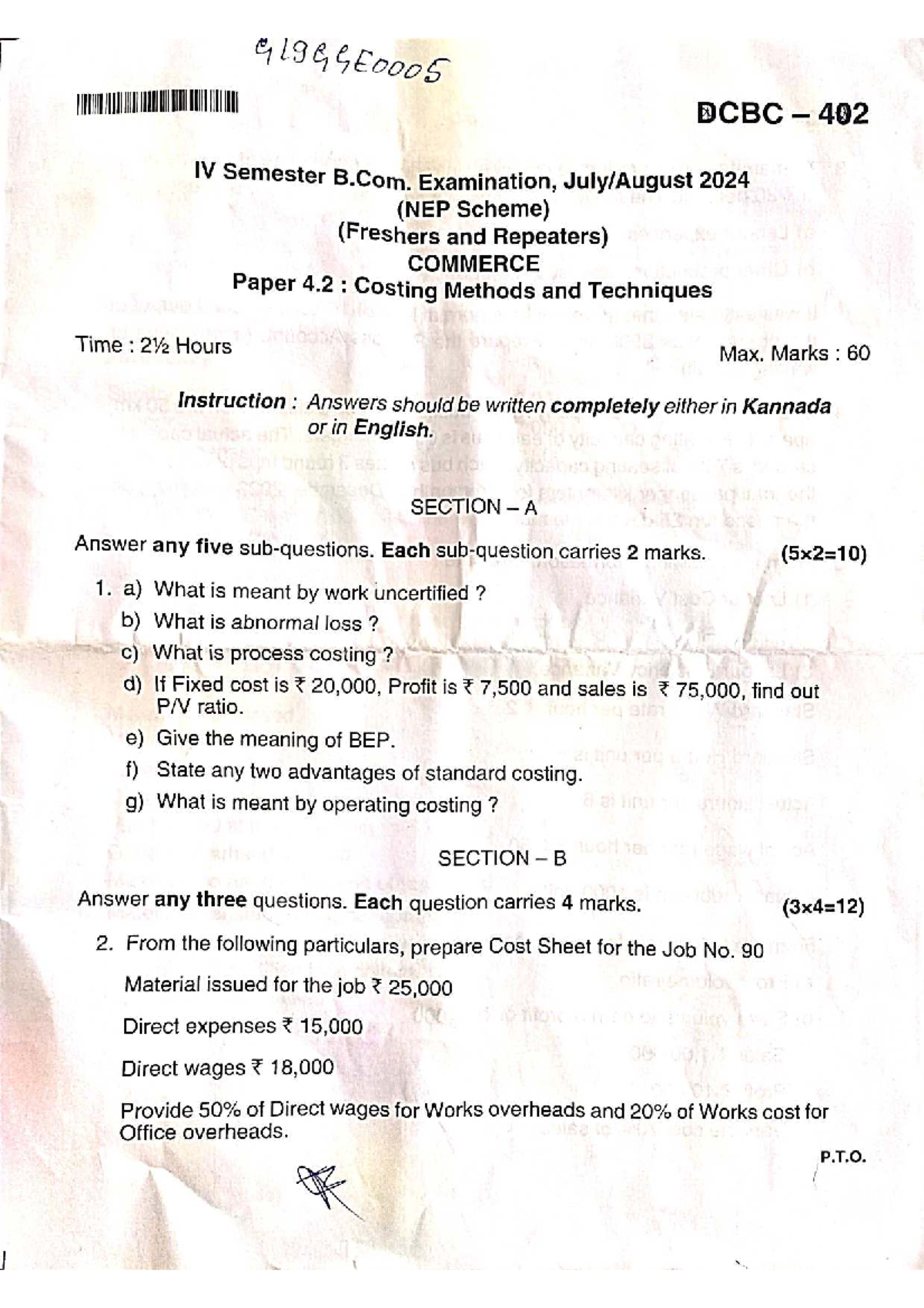 DCBC 402 IV Sem B.Com Exam 2024: Costing Methods & Techniques QP - Studocu
