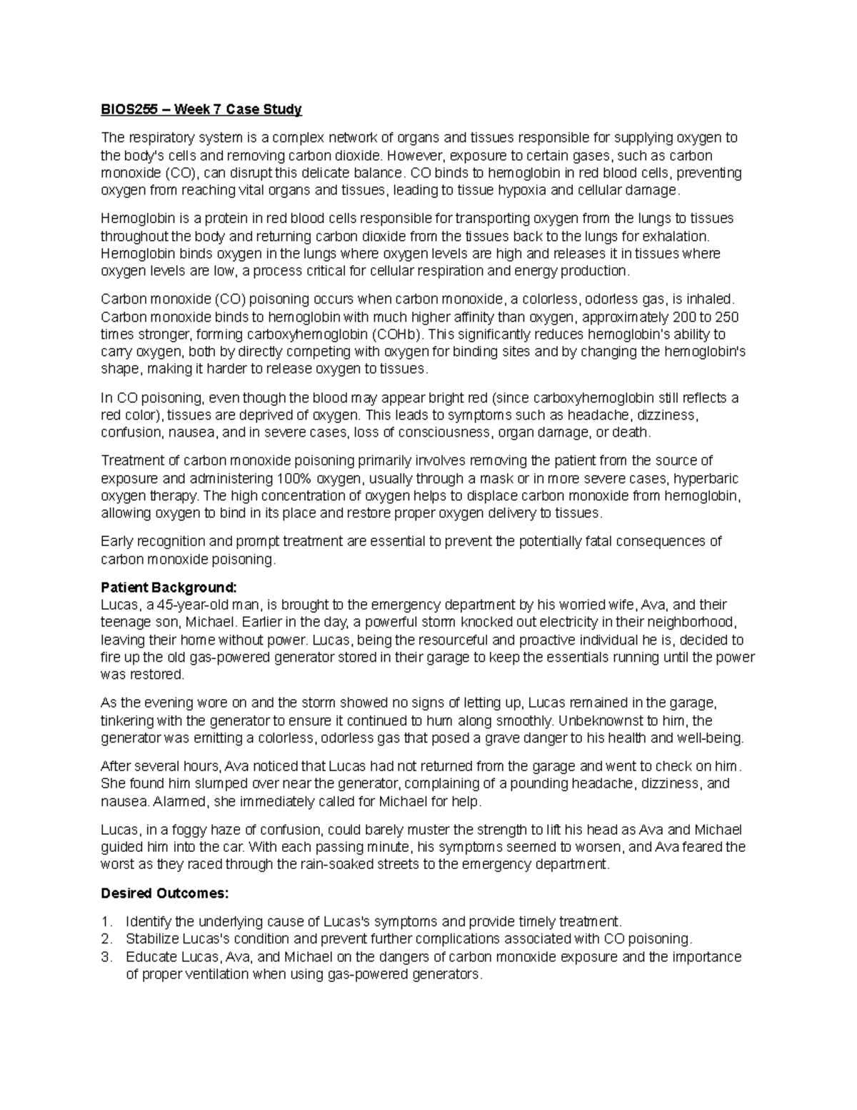 BIOS255 Week 7 Case Study: Understanding Carbon Monoxide Poisoning ...