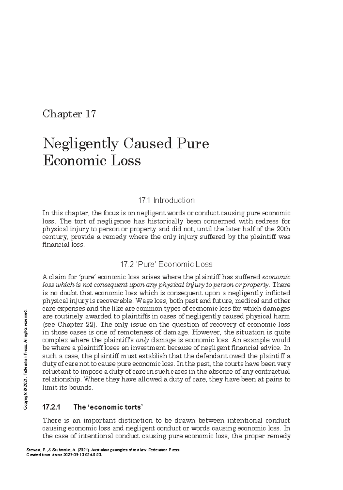Chapter 17: Negligently Caused Pure Economic Loss in Tort Law - Studocu
