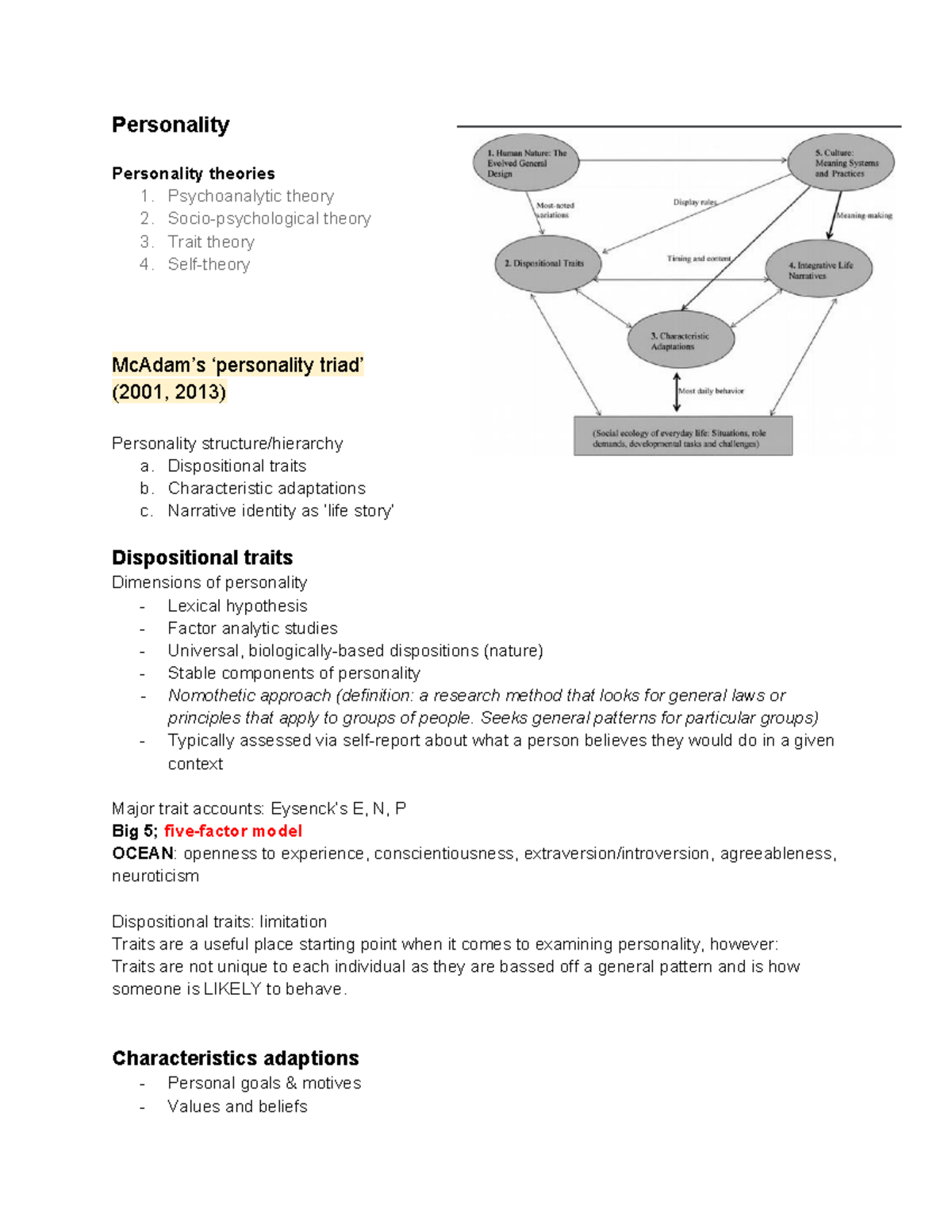 PSYU3336 - Exam notes - Personality Personality theories 1 ...