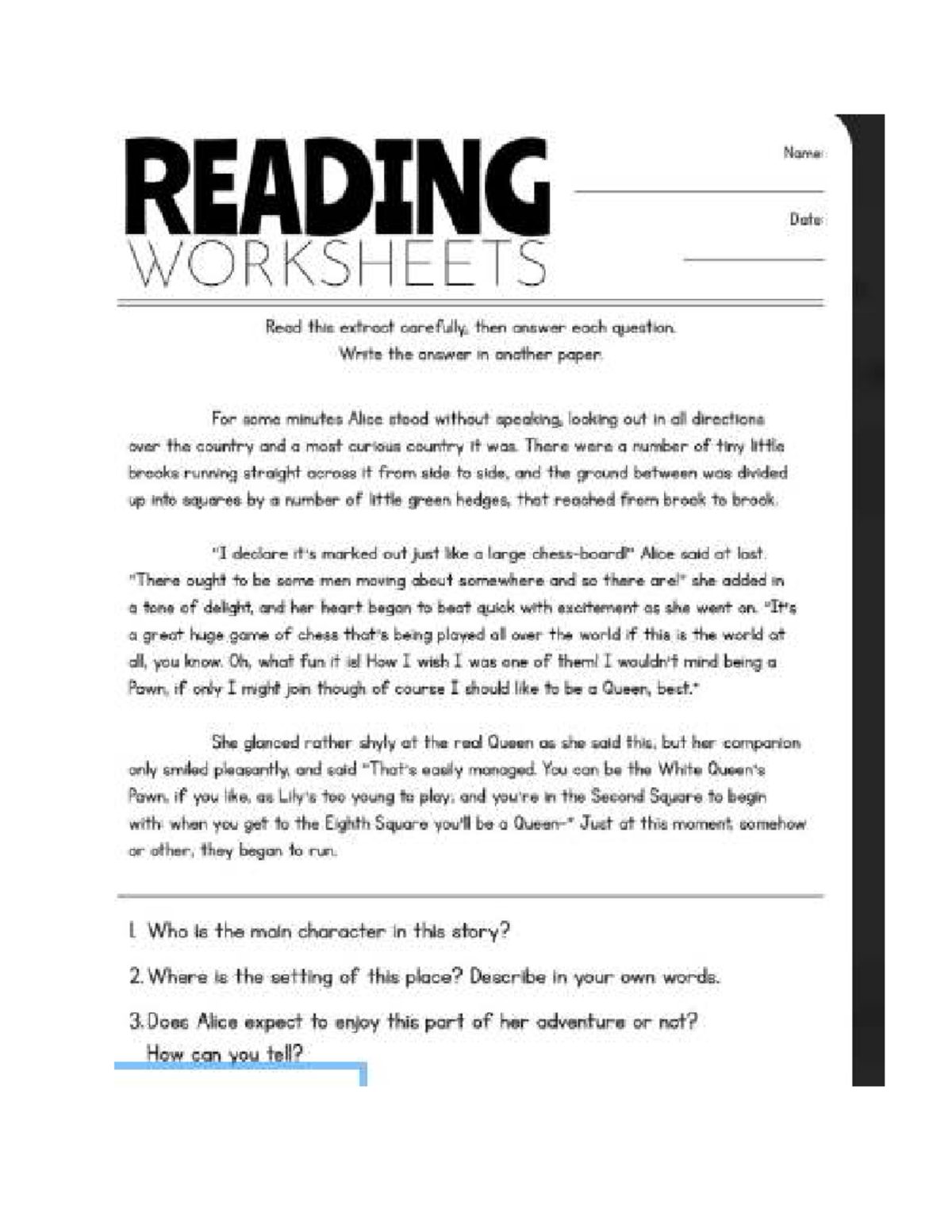 Reading comprhension - Name: READING Date: WORKSHEETS Read this extract ...