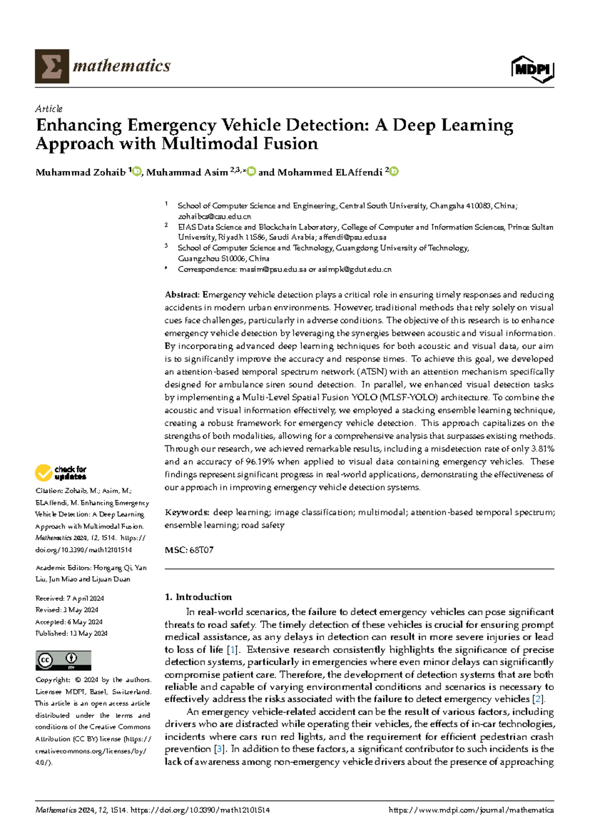 Mathematics 2024: Enhancing Emergency Vehicle Detection with Deep ...