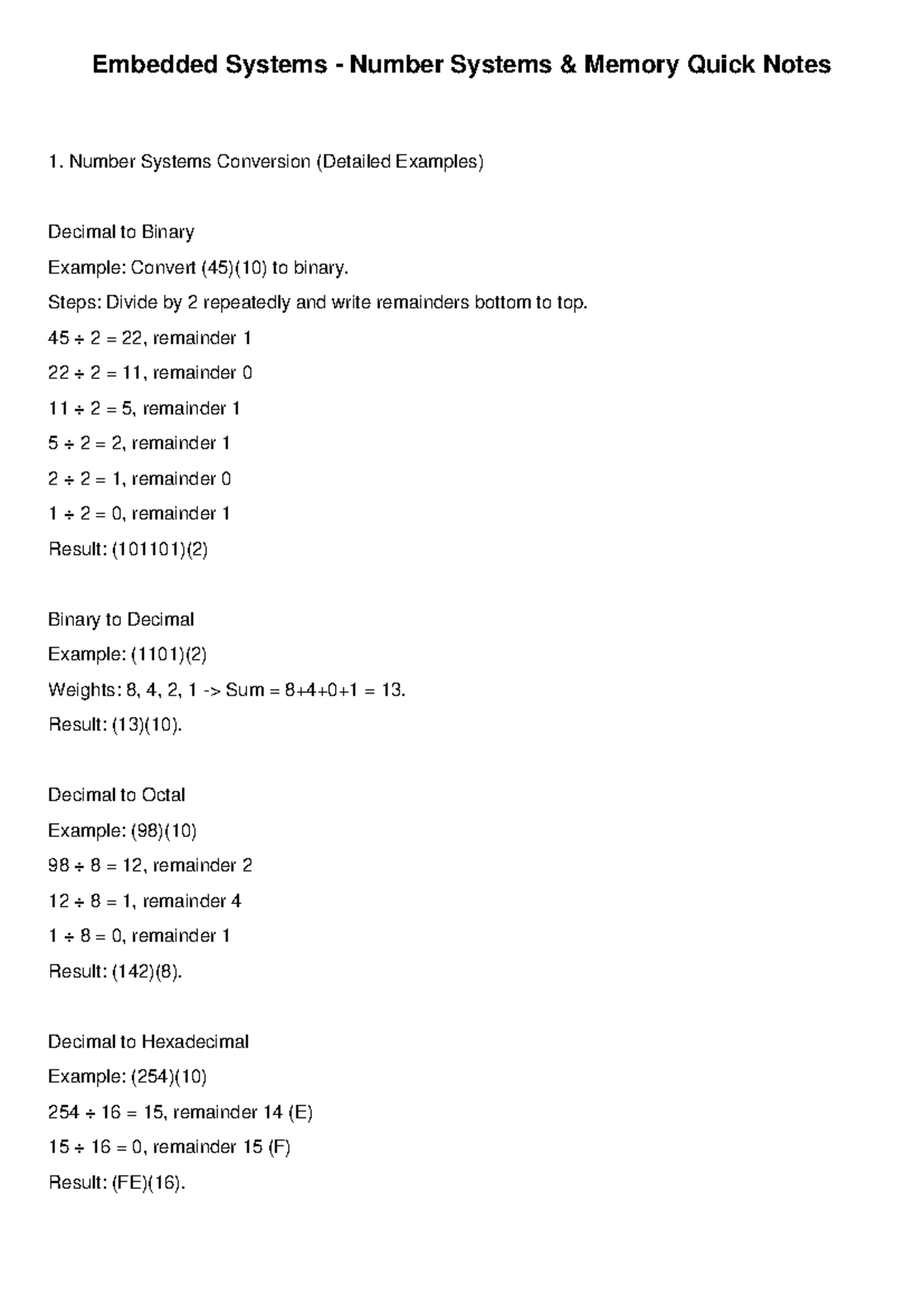 Embedded Systems (ES101) Number Systems Quick Notes - Studocu