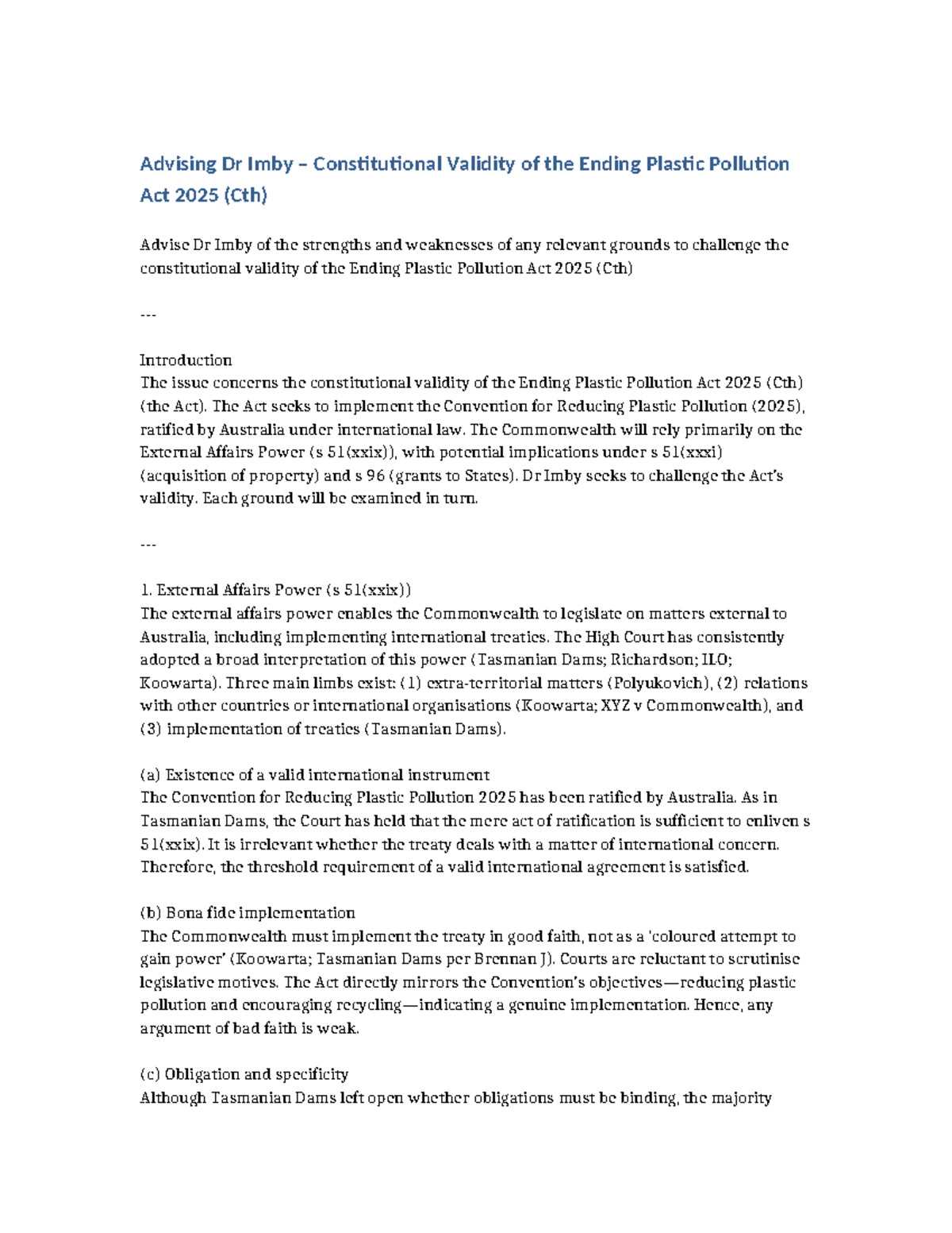 Ending Plastic Pollution Act 2025 (Cth) Validity Analysis - Studocu