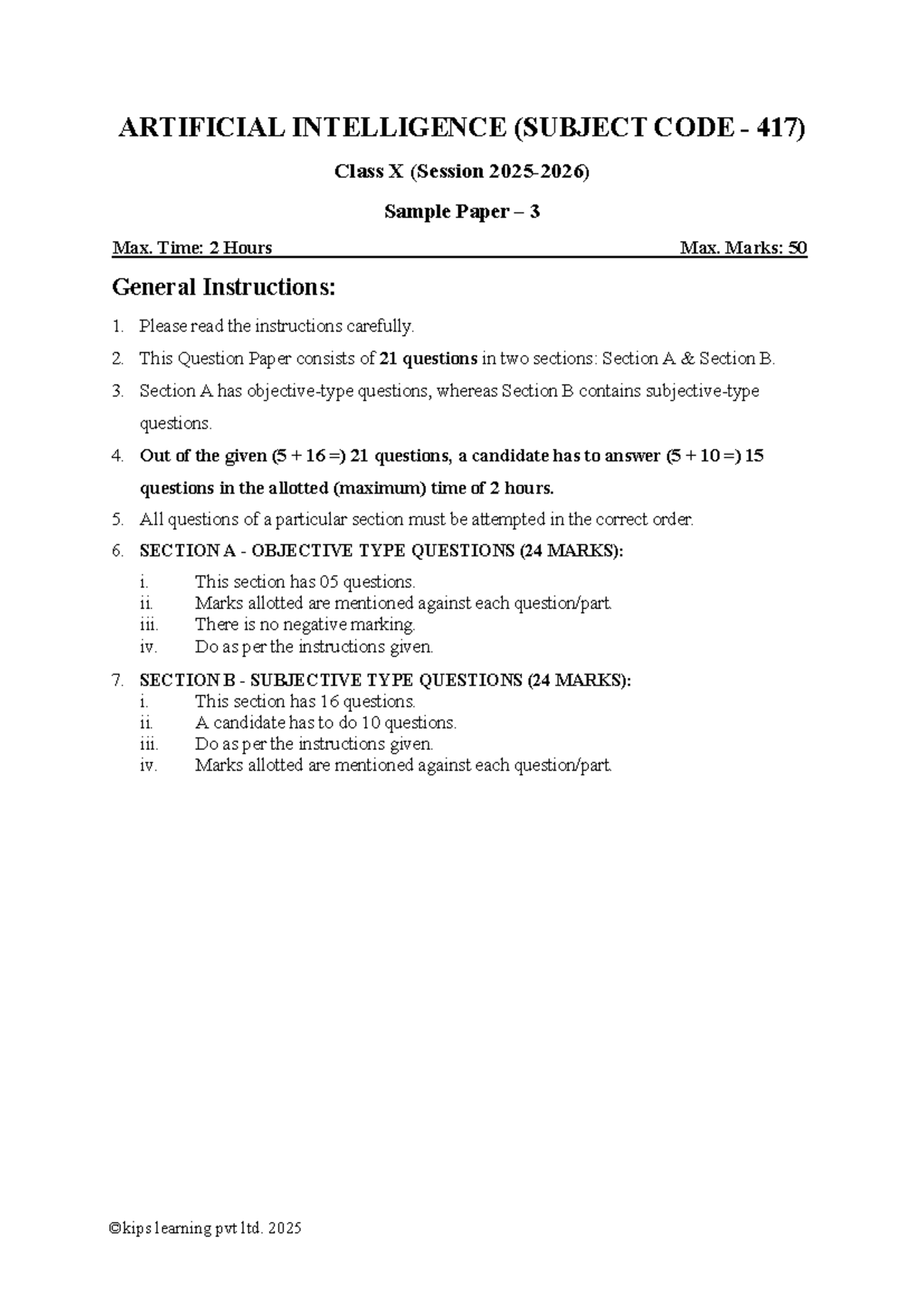 AI (SUBJECT CODE 417) Class X Sample Paper 3 - Exam Notes - Studocu