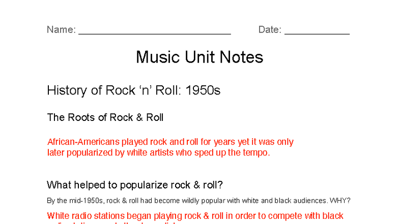 Music Unit Notes: History of Rock & Roll (1950s) - The Roots and Impact ...