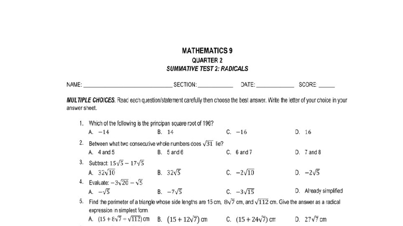 Summative test 2-radicals - NAME: MATHEMATICS 9 QUARTER 2 SUMMATIVE ...
