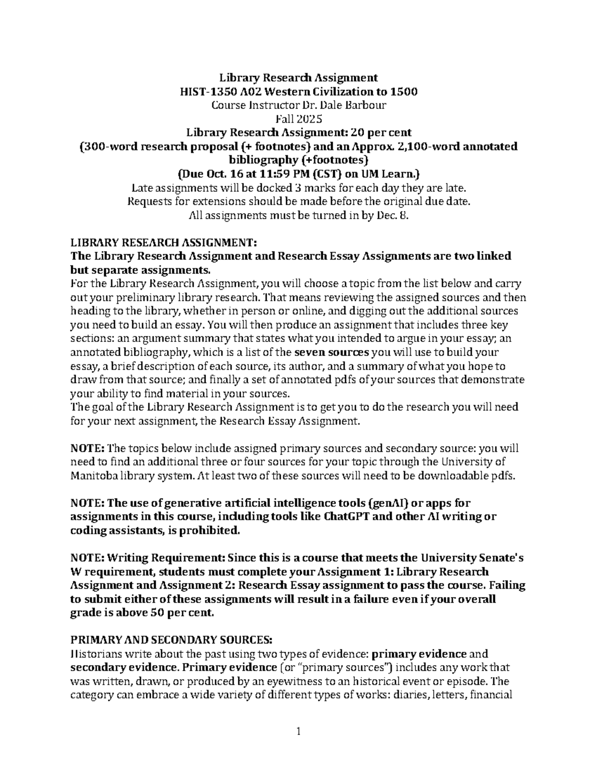 HIST 1350 A02 Library Research Assignment: Proposal & Annotated ...
