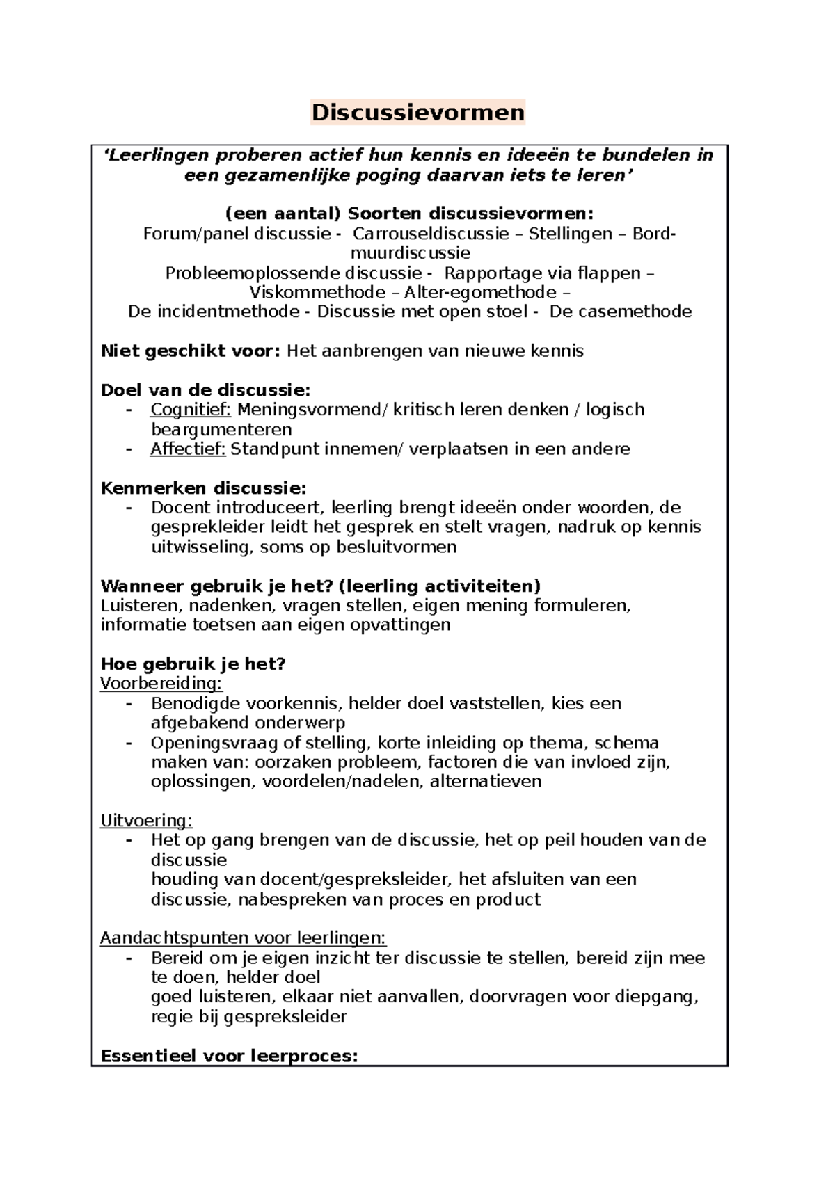 Samenvatting van Discussievormen voor Actieve Leerprocessen - Studeersnel