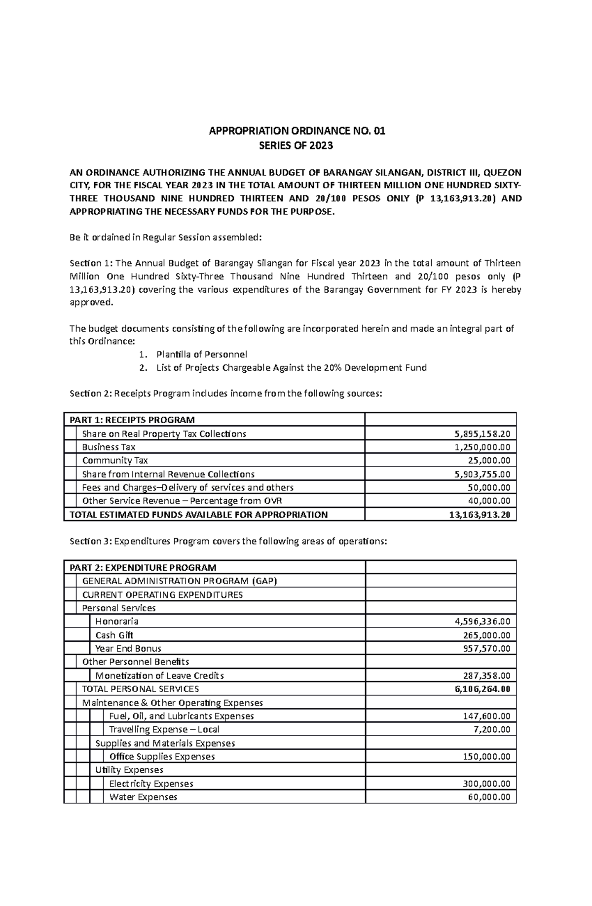 Appropriation Ordinance No. 01: Annual Budget for Barangay Silangan ...