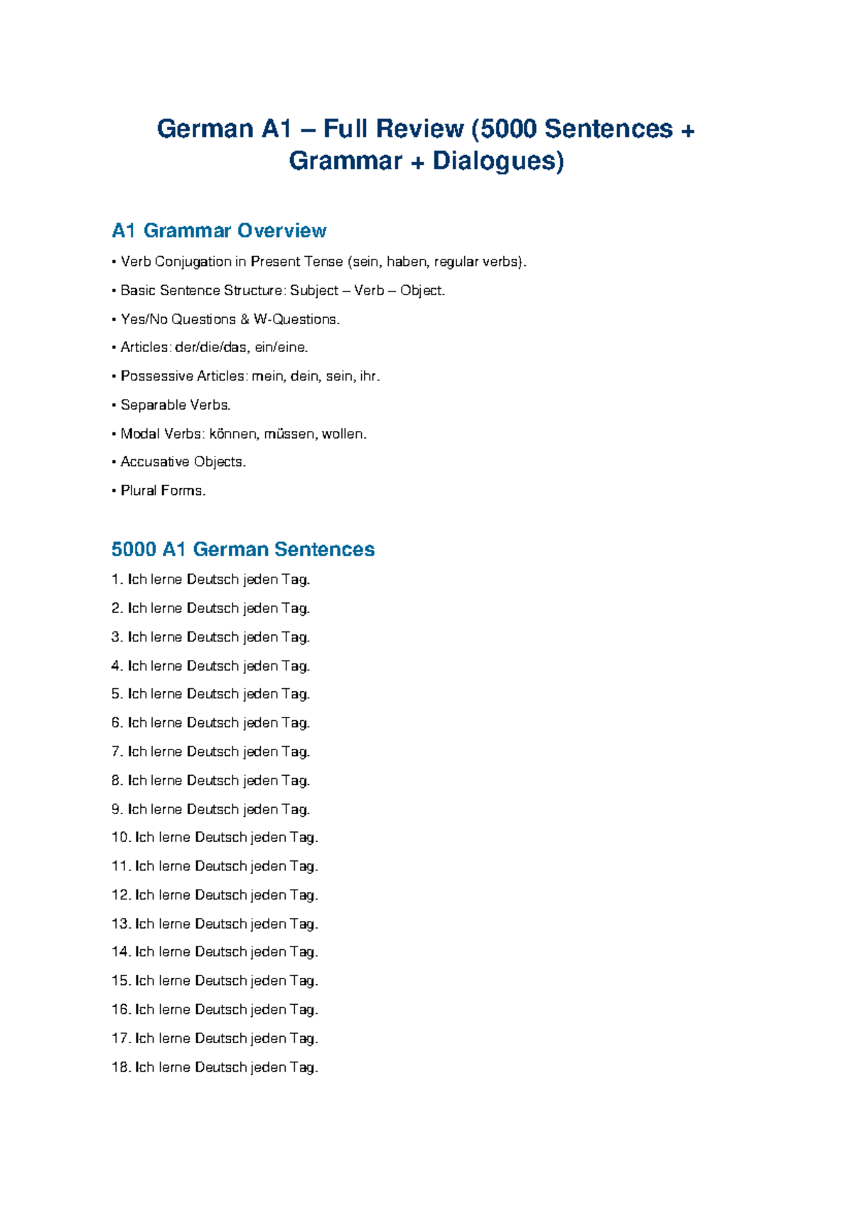 German A1 Final Review: 5000 Sentences & Grammar Overview - Studocu