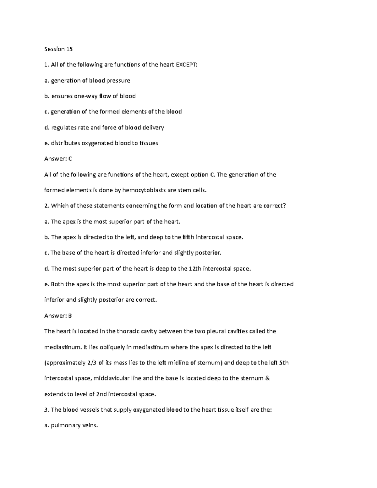 Anaphy LEC 15: Functions, Location, and Circulation of the Heart - Studocu