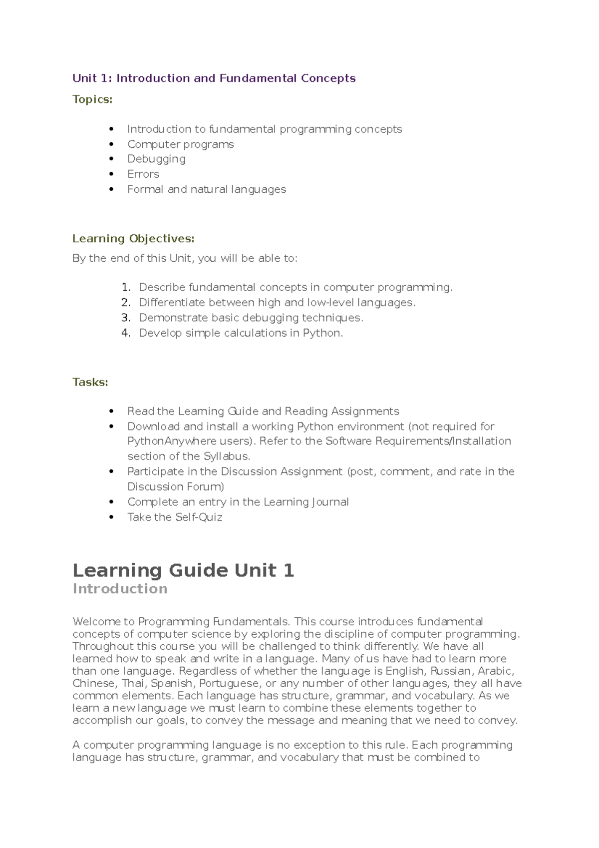 Unit 1 Learning Guide Computer Fundamentals - Unit 1: Introduction and ...