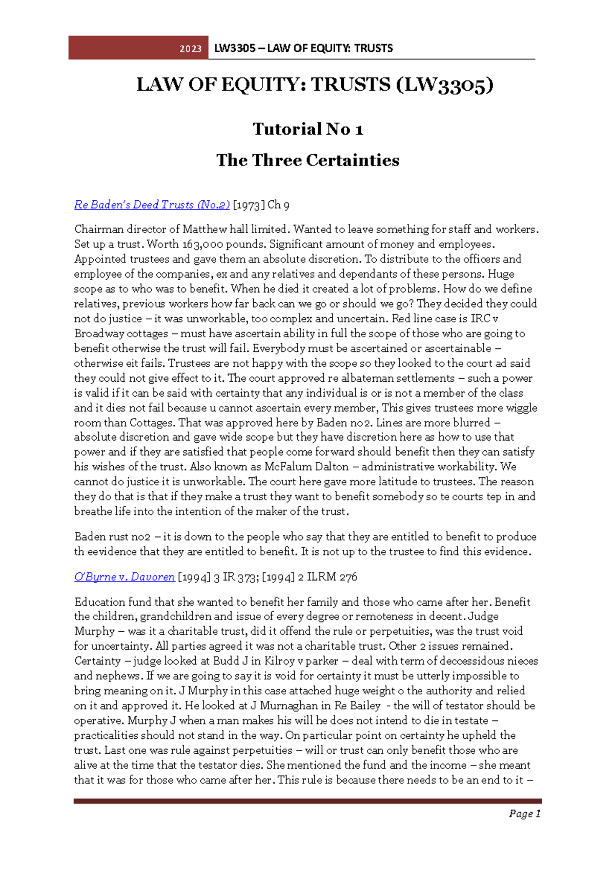 LW3305 Tutorial No.1 The Three Certainties - LAW OF EQUITY: TRUSTS (LW3305) Tutorial No 1 The ...