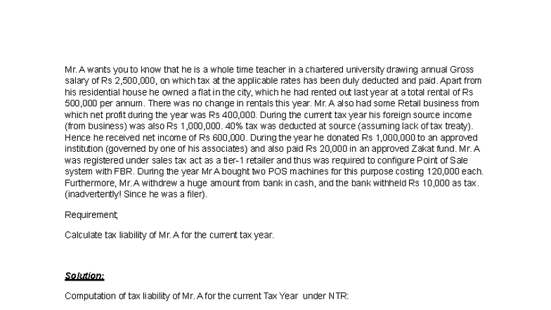 Tax Liability Calculation for Mr. A - Unsolved Case Study - Studocu