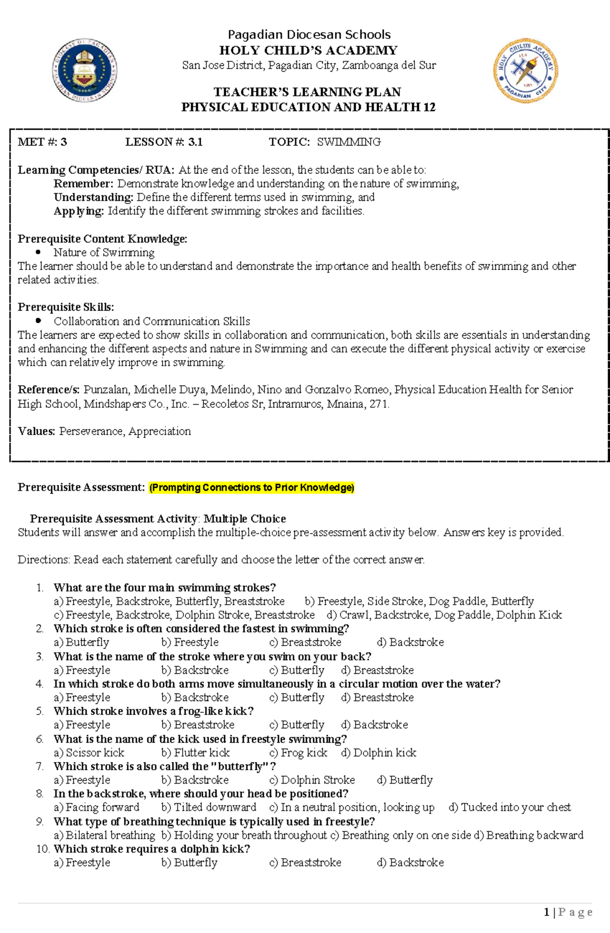 PE-AND-HEALTH-12: Swimming Lesson Plan and Assessment Guide - Studocu