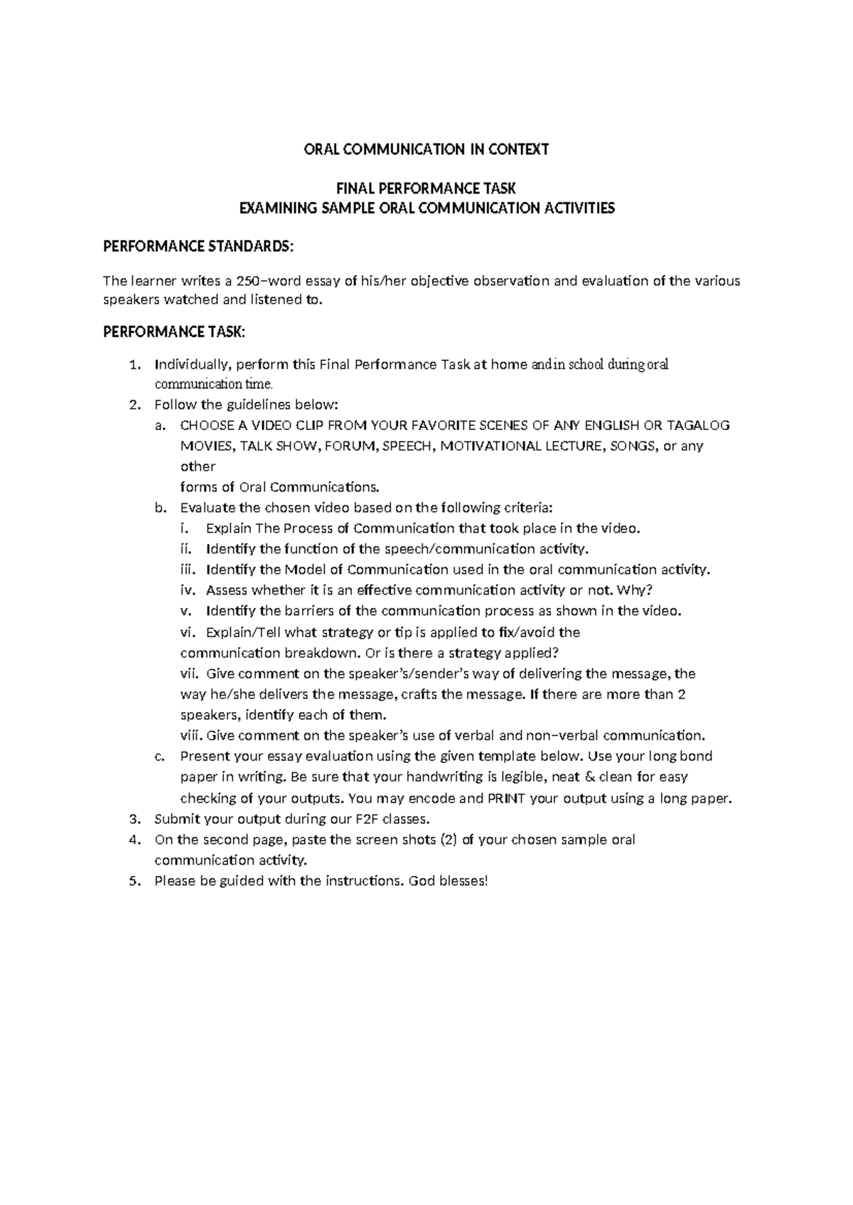 ORAL Communication Final Project: Evaluation of Communication ...