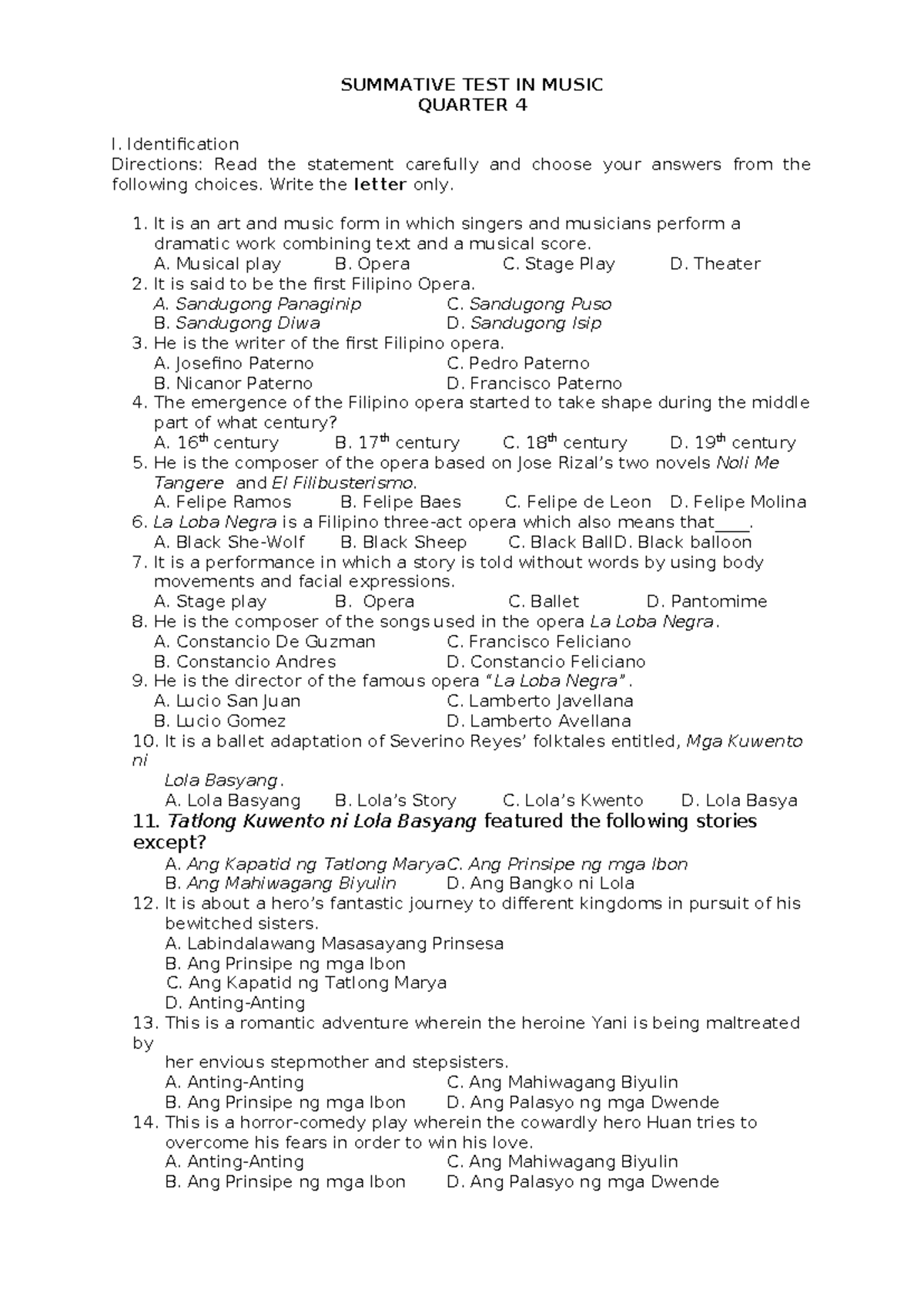 Summative Test in Music 10: Quarter 4 Assessment - Studocu
