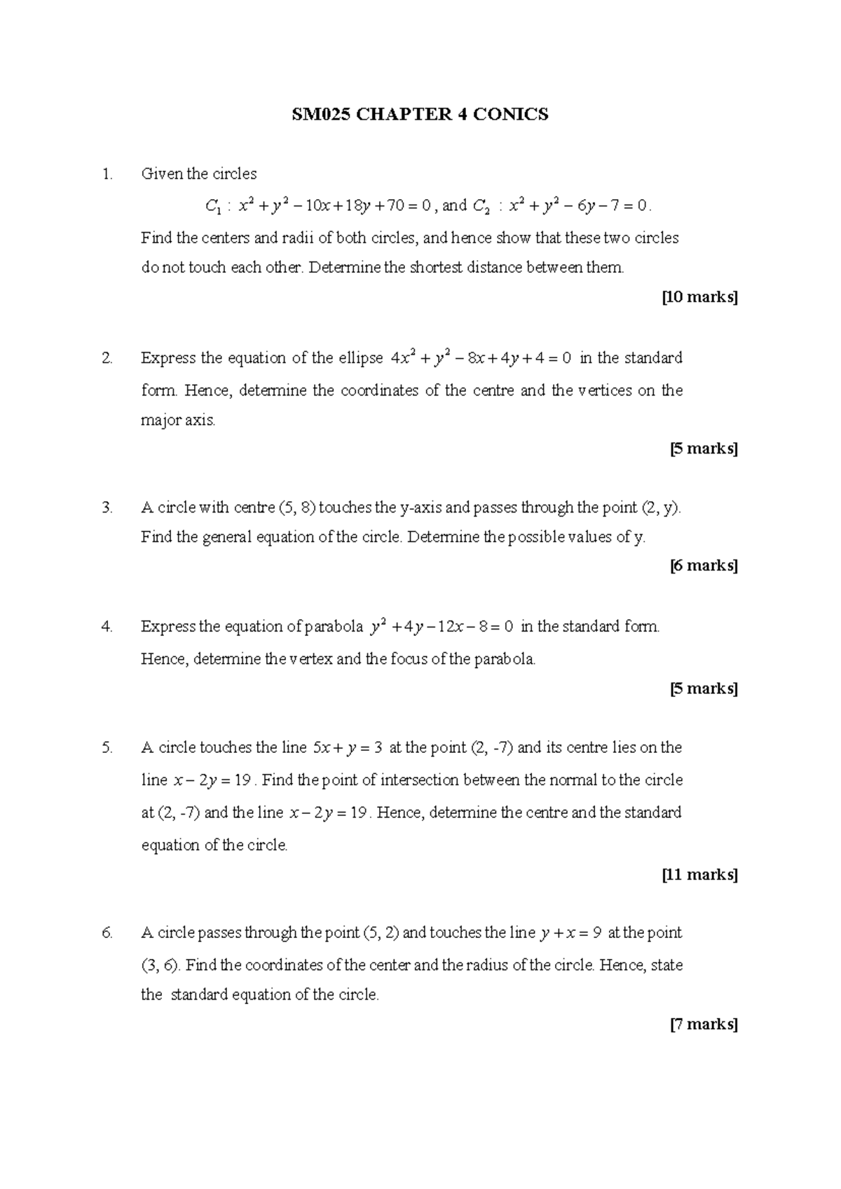 SM025 Chapter 4 Conics Question - SM025 CHAPTER 4 CONICS Given the ...