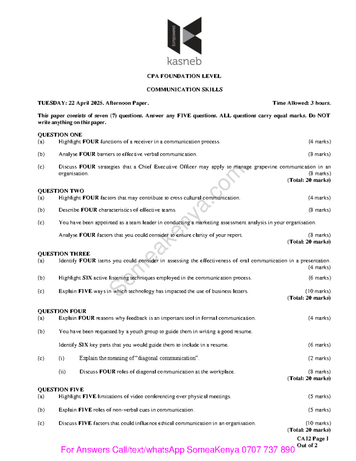 CPA Communication Skills Past Paper April 2025 Exam Questions - Studocu