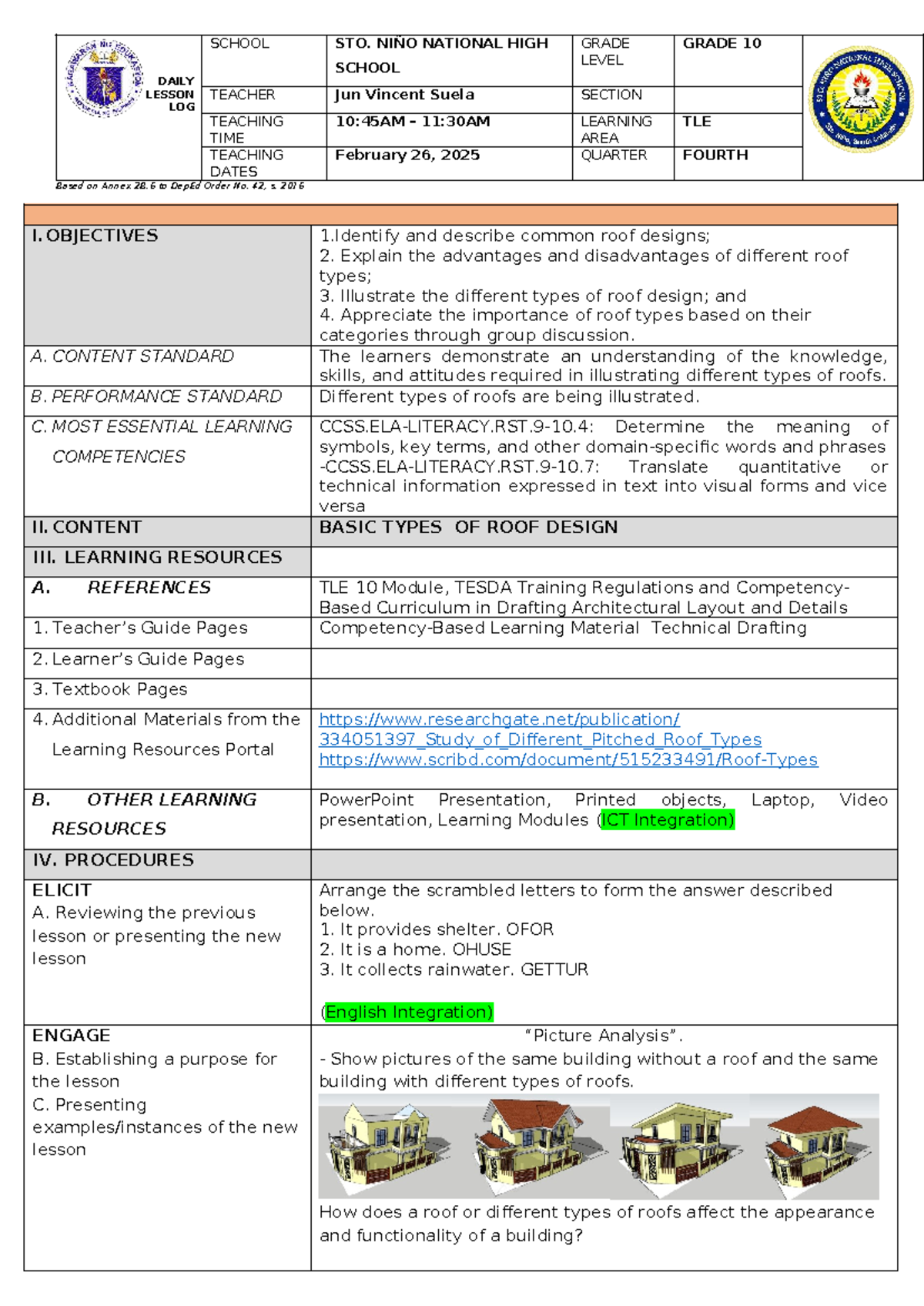Grade 10 TLE Lesson Log: Exploring Roof Types and Designs - Studocu