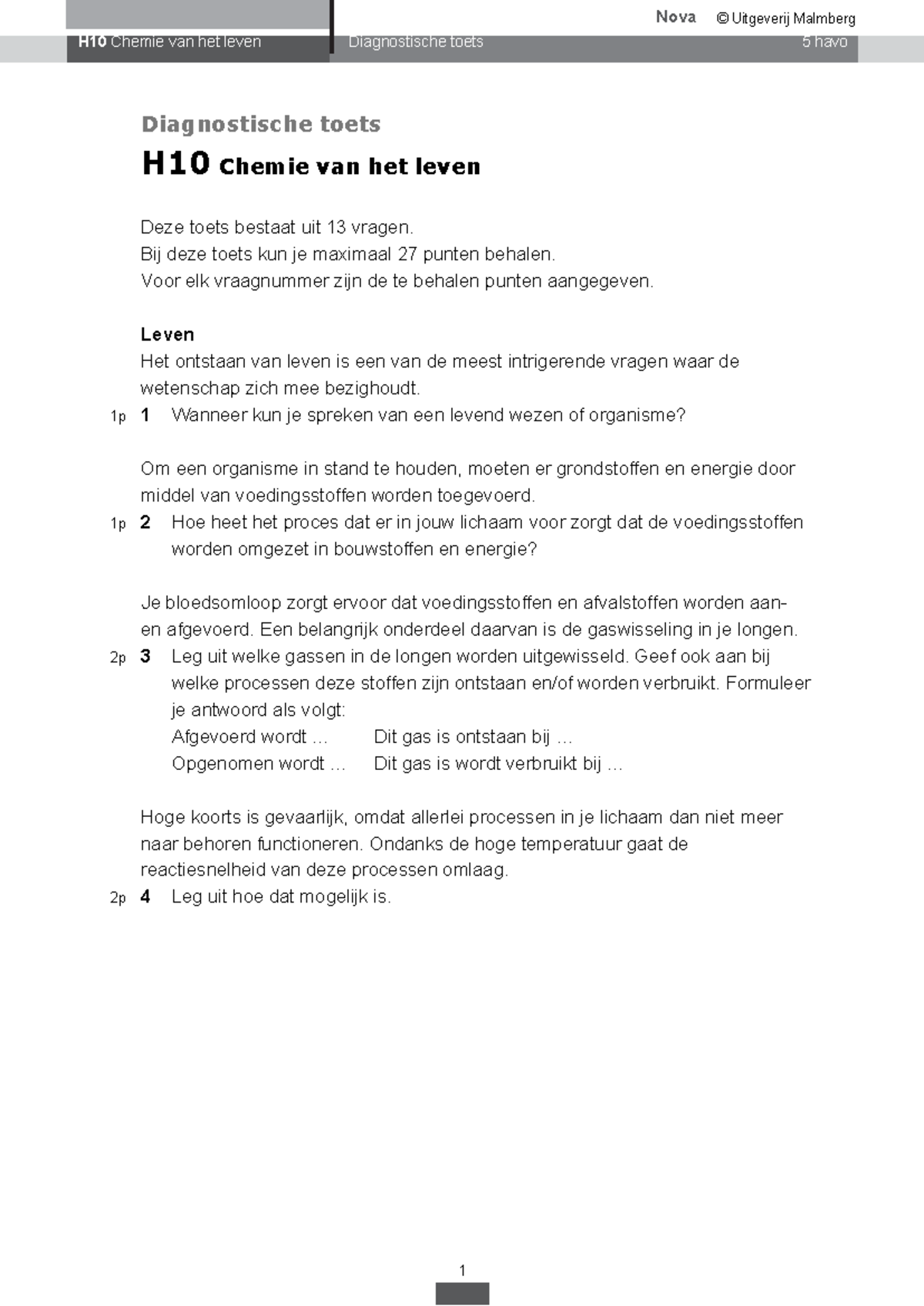 H10 Chemie van het Leven Diagnostische Toets 5 Havo - Toets en Vragen ...