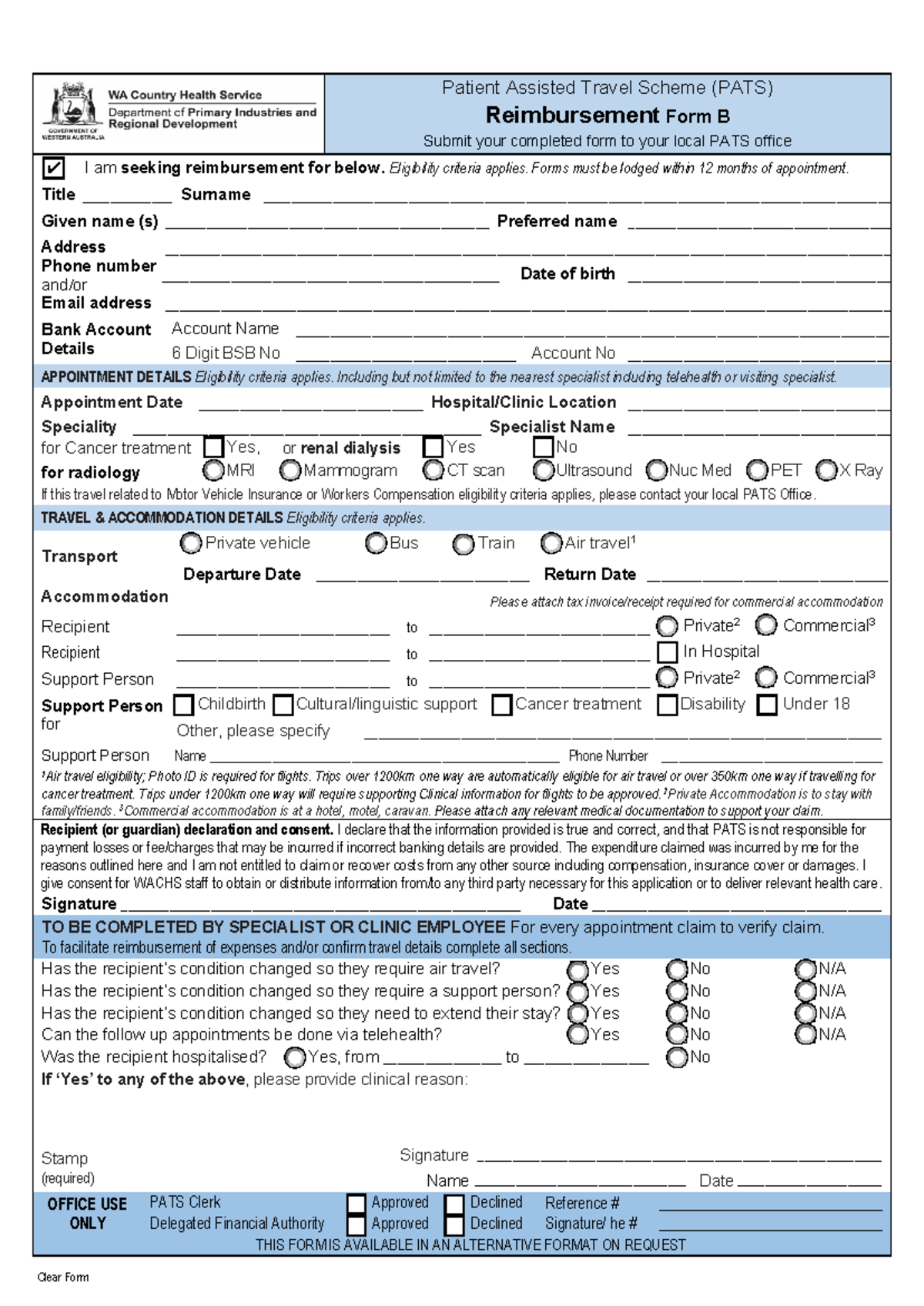 PATS Reimbursement Form B: Patient Assisted Travel Scheme Guide - Studocu