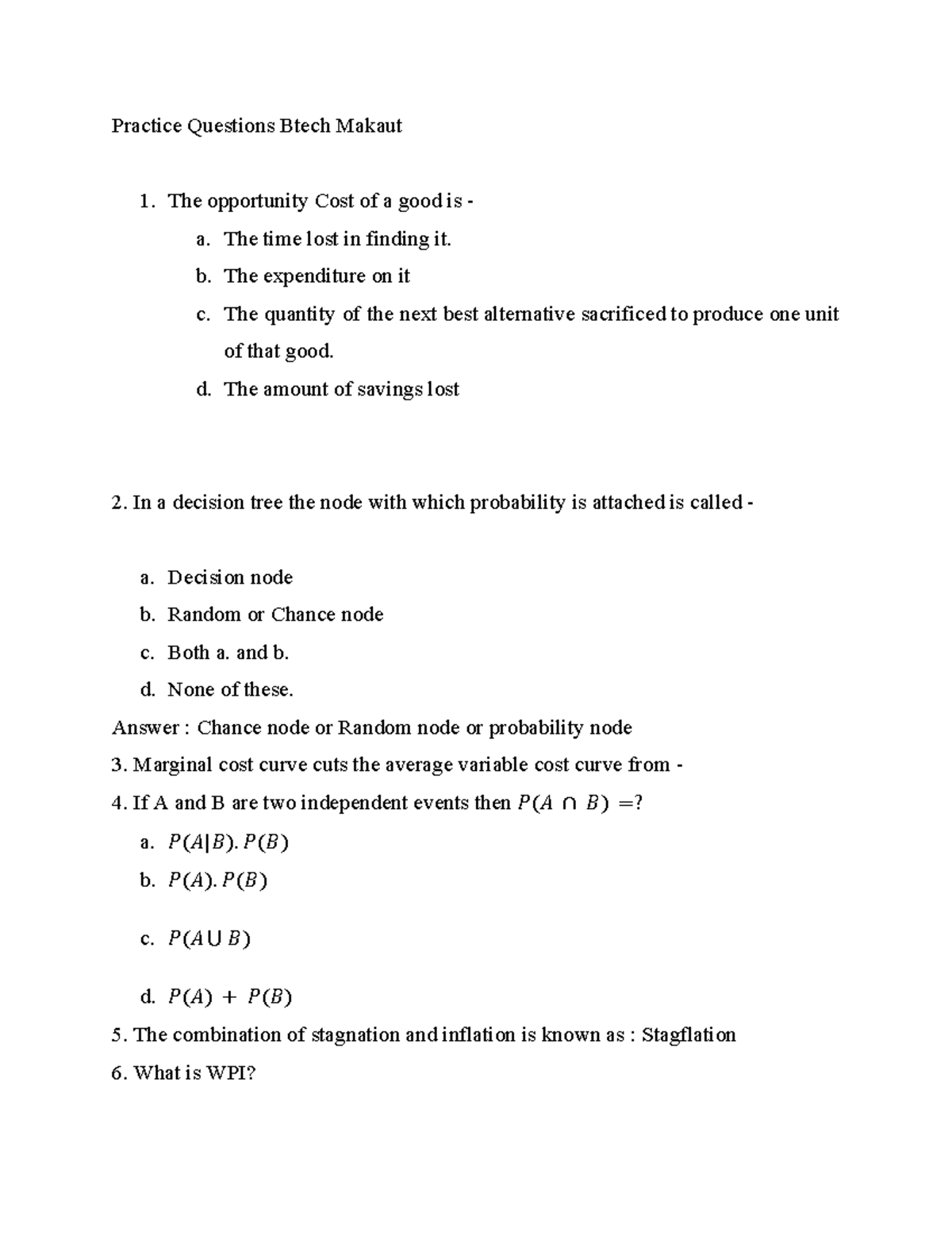 Practice Questions BTECH MAKAUT: Economics Concepts & Definitions - Studocu