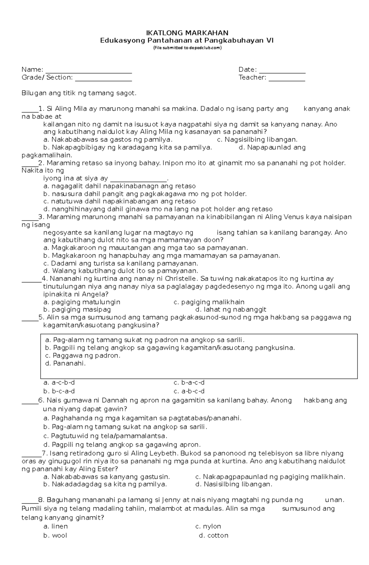 EPP 6 - 3rd quarter examination - IKATLONG MARKAHAN Edukasyong ...