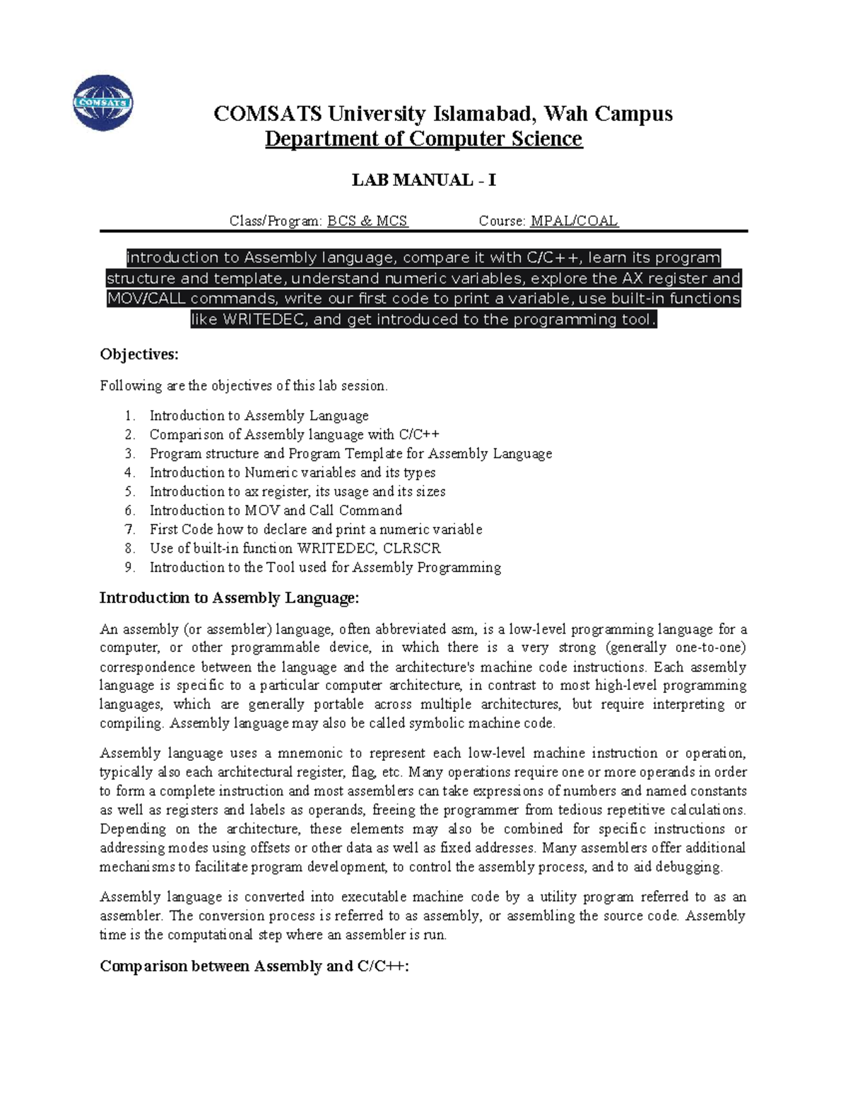 LAB MANUAL I BCS MCS: Introduction to Assembly Language and Programming - Studocu