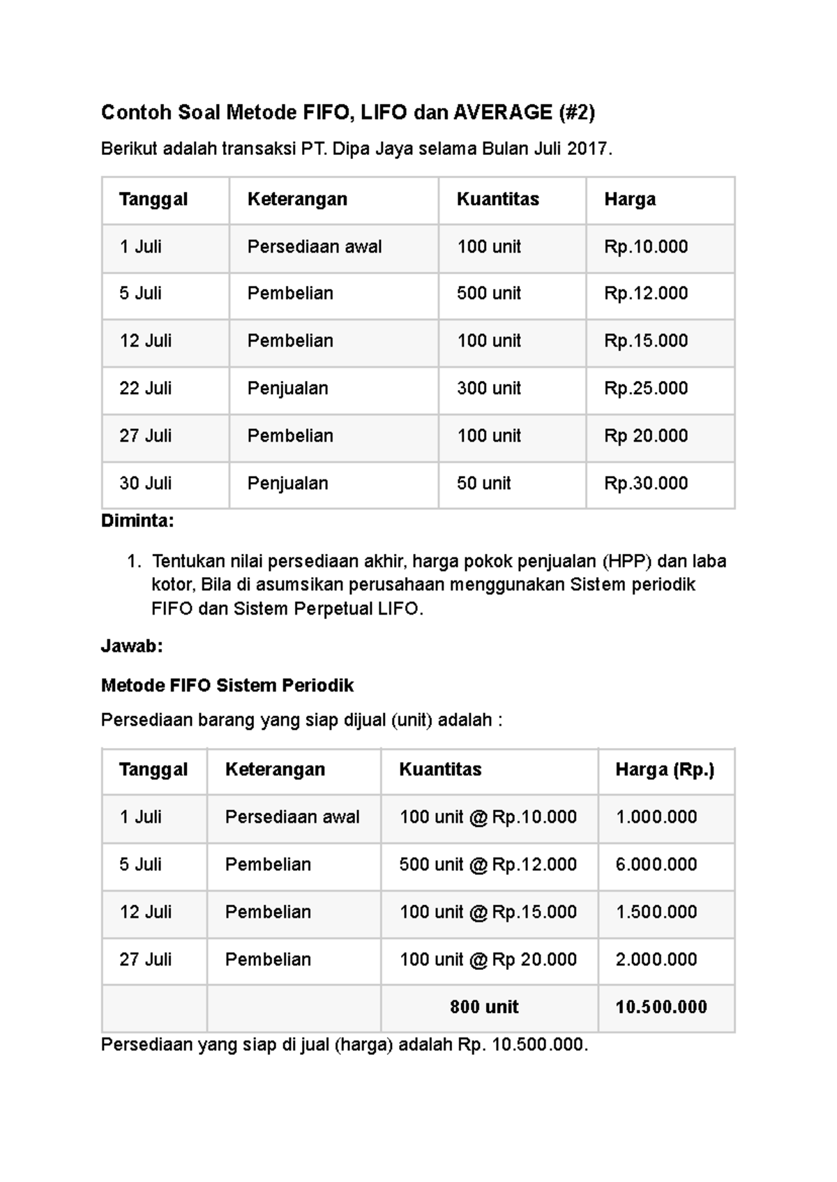 Perhitungan FIFO, LIFO & Average pada Akuntansi (#2) - Studocu