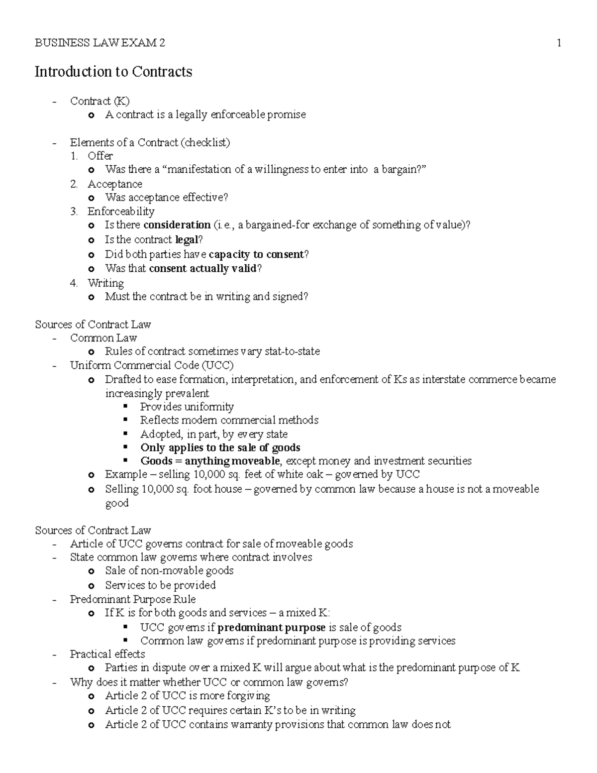 Business Law Exam 2 - Comprehensive Study Guide on Contracts and UCC ...