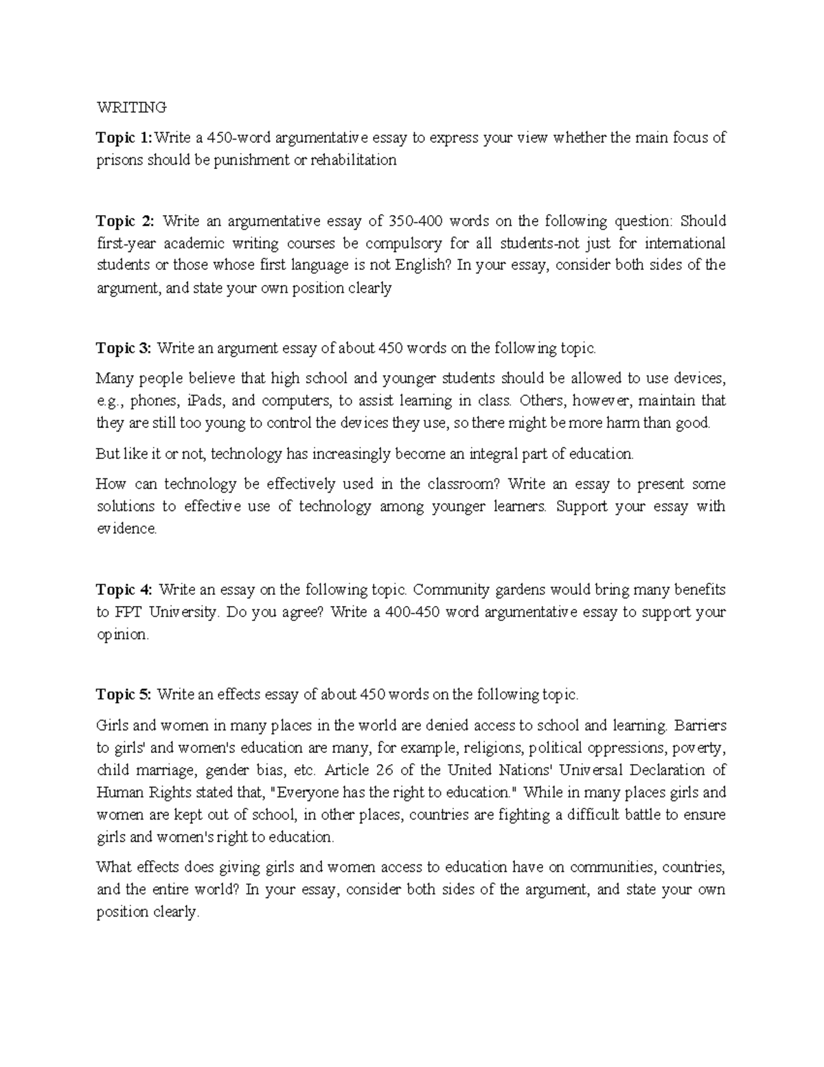 ENW: Argumentative Essay Topics and Guidelines for Writing - Studocu