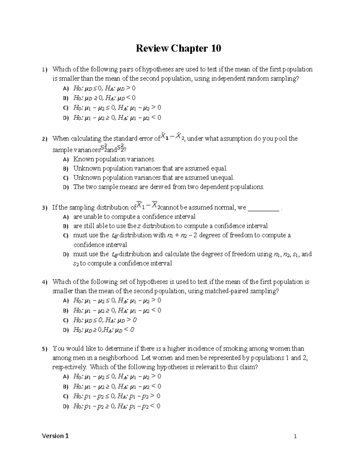 Review of Chapter 10 Concepts - BSTAT 3321 - Studocu