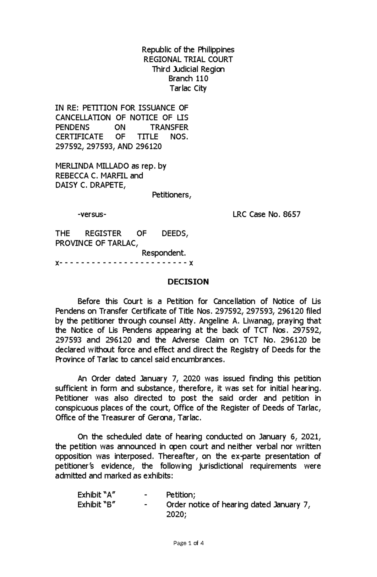 Cancellation of Notice of Lis Pendens in LRC Case No. 8657 - Studocu