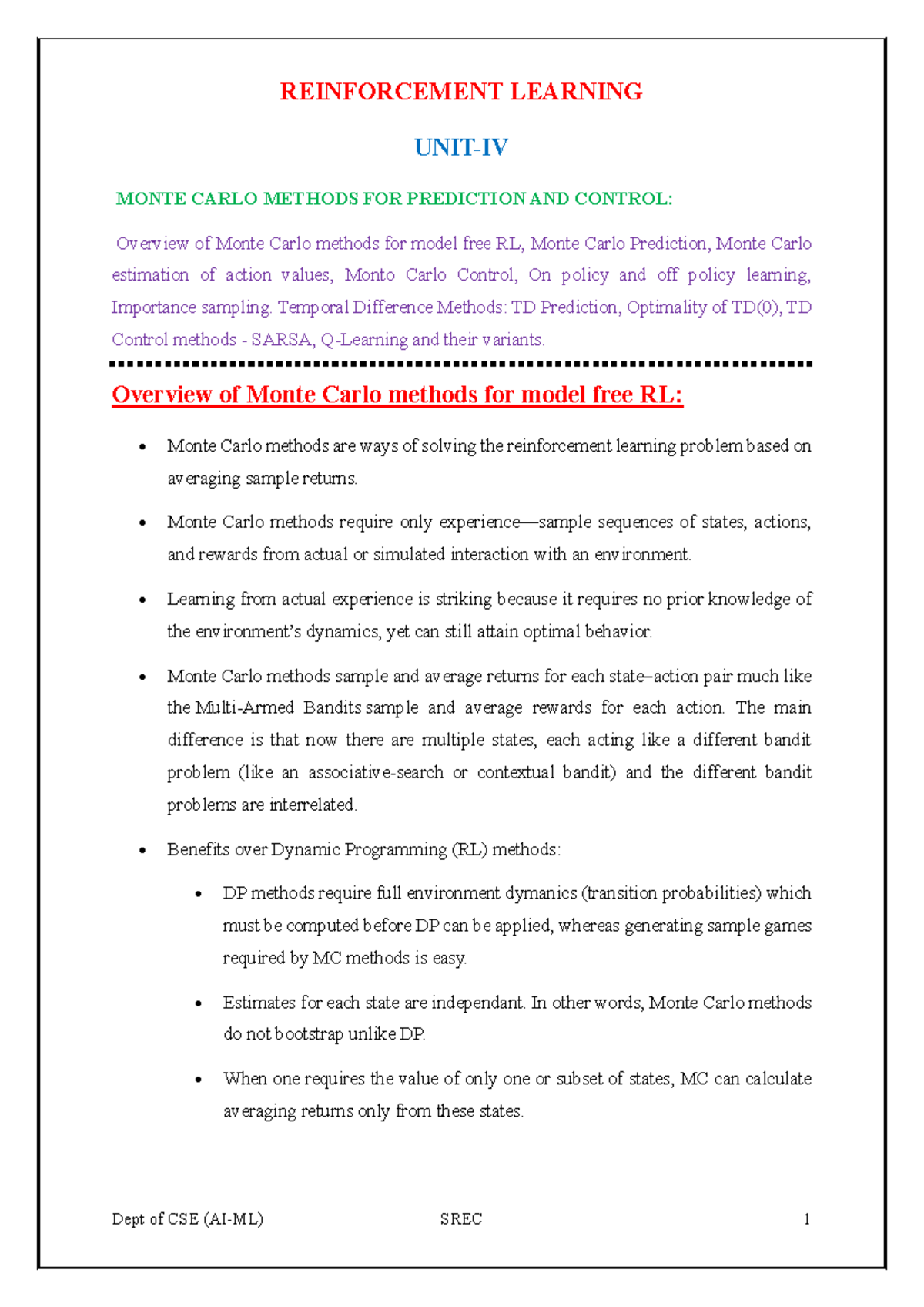 RL UNIT-IV: Monte Carlo Methods & Temporal Difference Learning Overview ...
