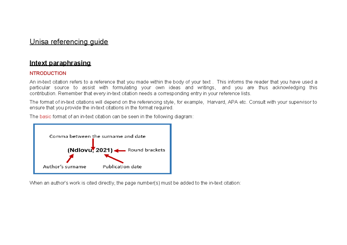 Unisa Referencing Guide: In-Text Citations & Paraphrasing - Studocu