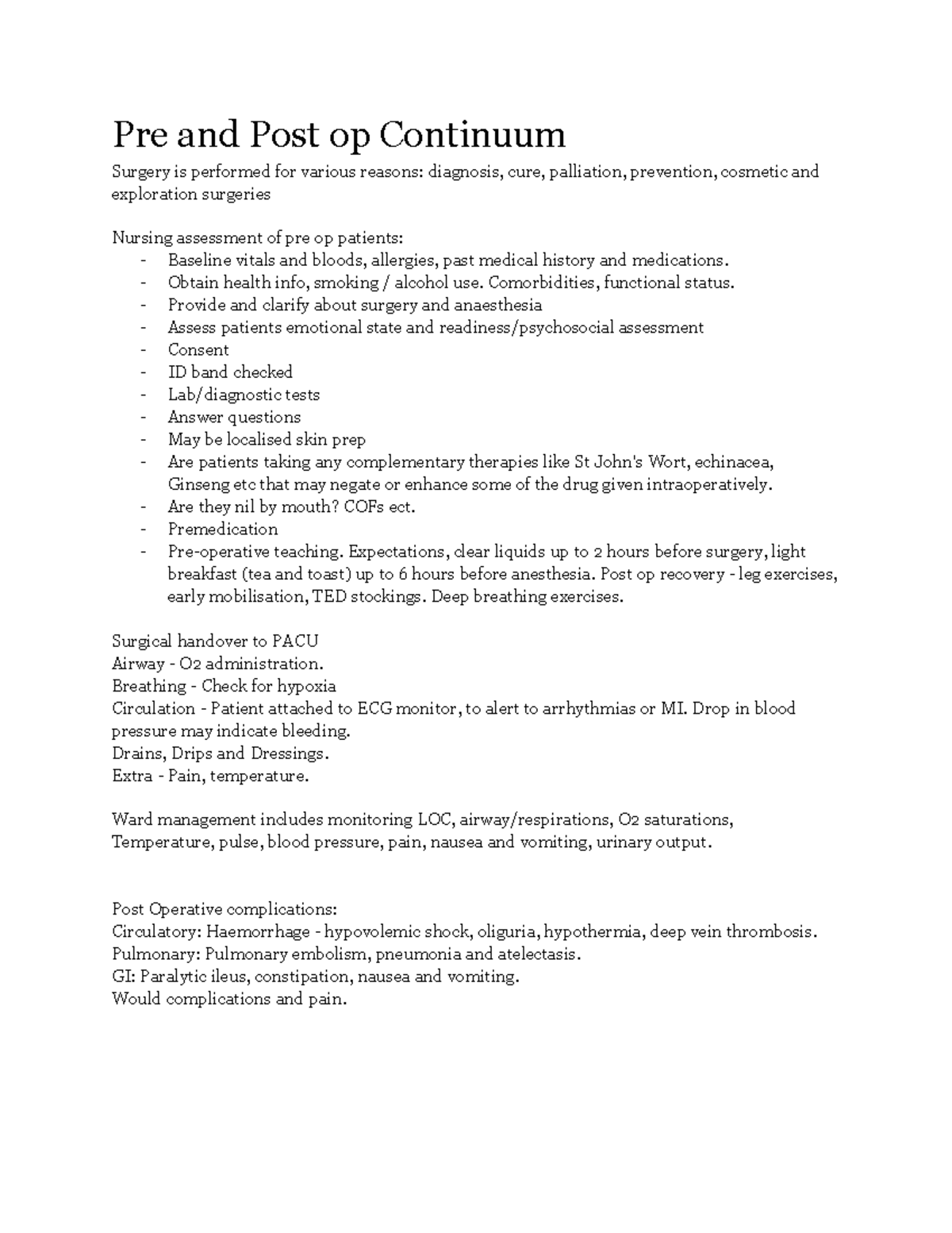 Pre and Post Op Nursing Care: Key Assessments and Complications - Studocu