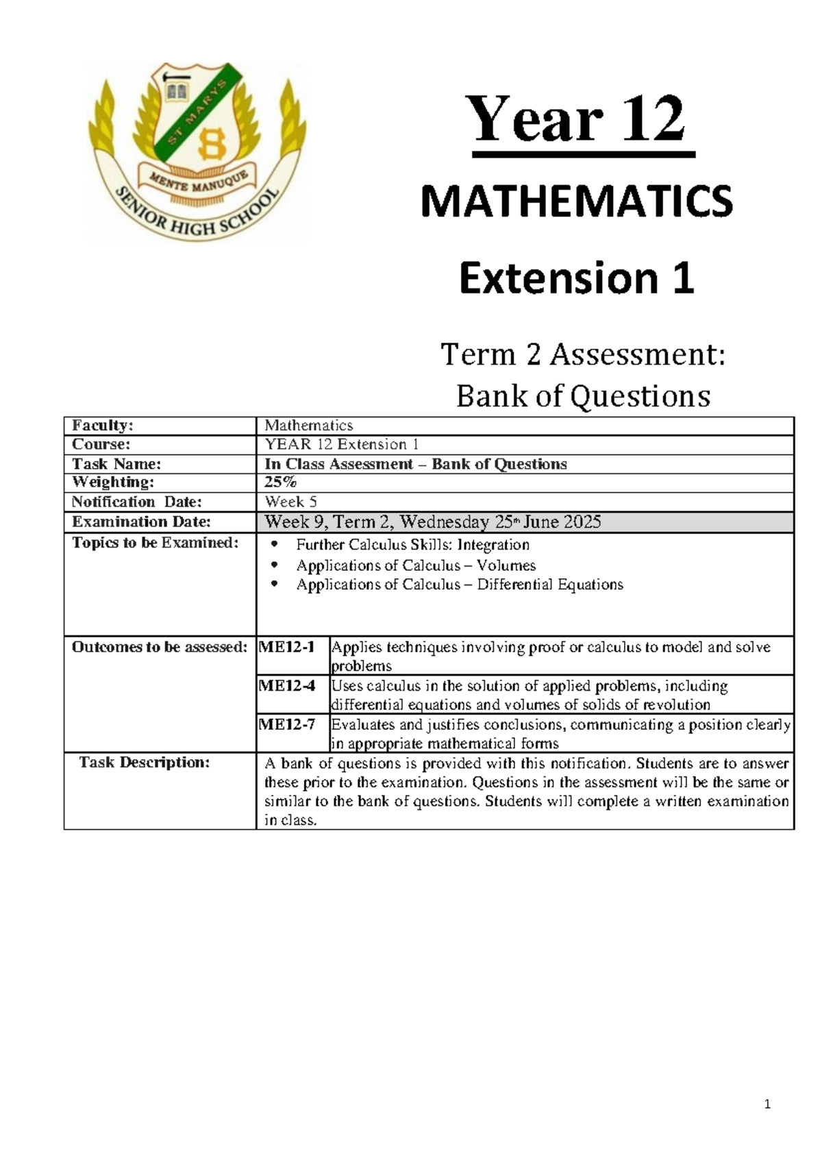 Year 12 Mathematics Extension 1 Term 2 Assessment: Bank of Questions ...