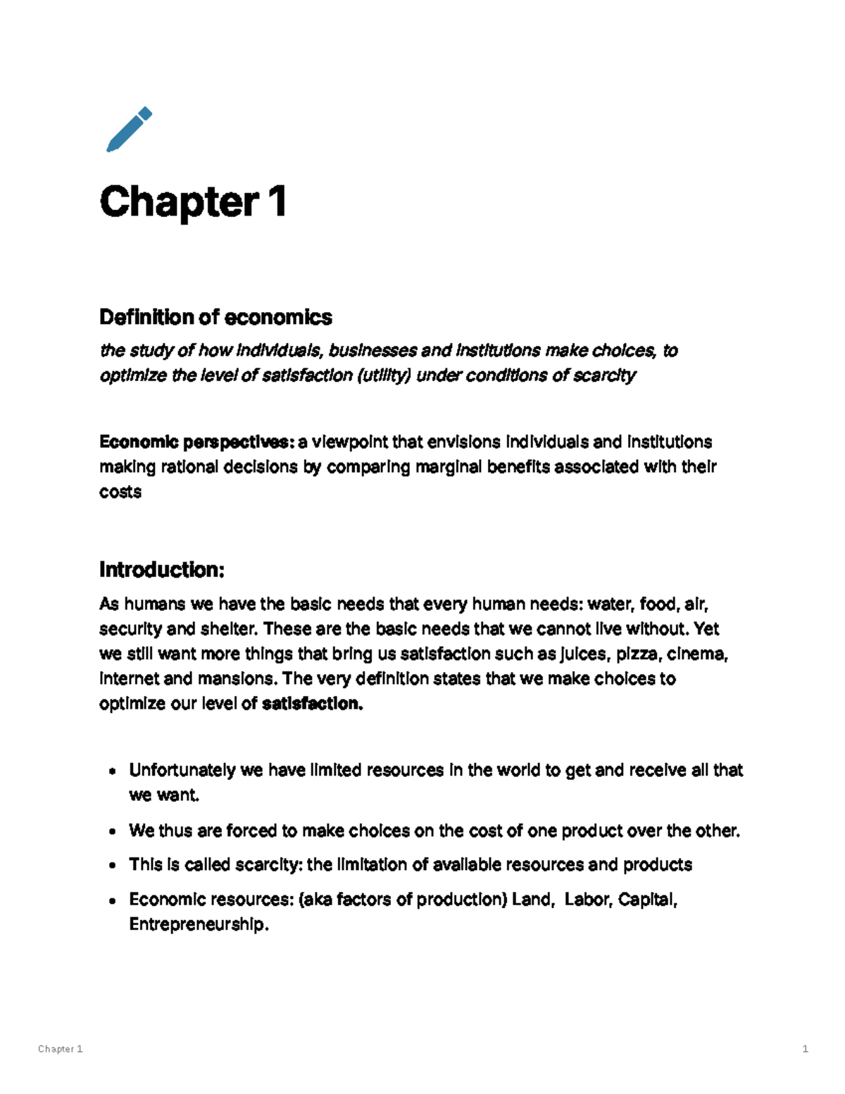 EKN 110 Chapter 1 - Introduction to Economics and Key Concepts - Studocu