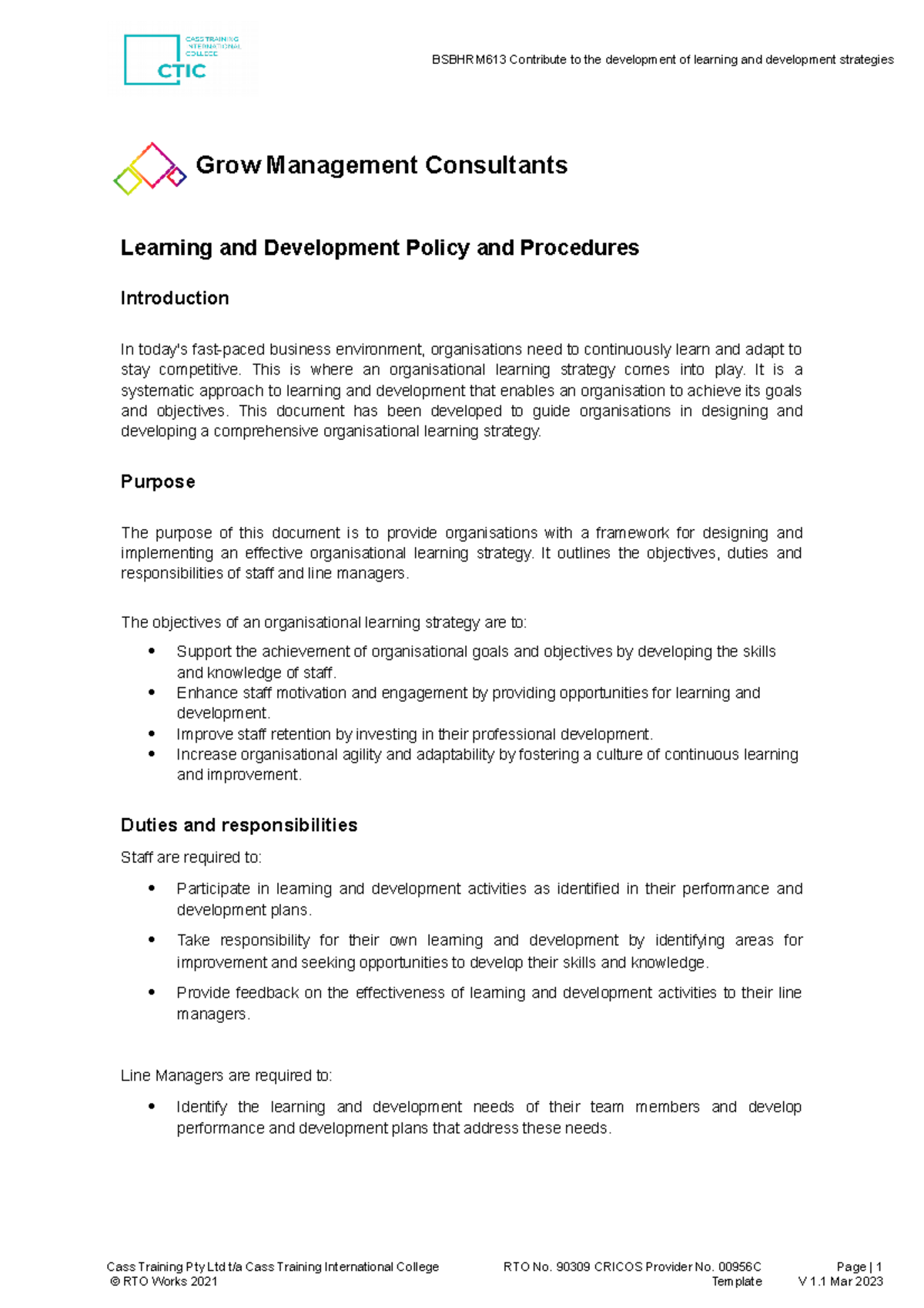 Assessment 2 - Task 5: Learning & Development Policy (BSBHRM613) - Studocu