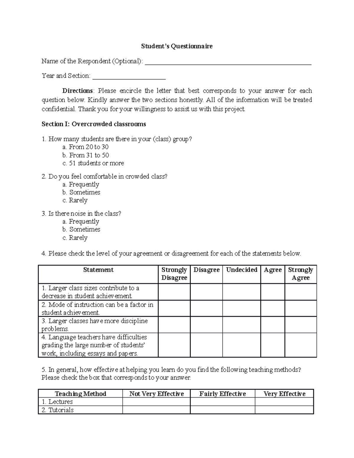 Overpopulation Effects on Classroom Dynamics: Student Questionnaire (Q ...