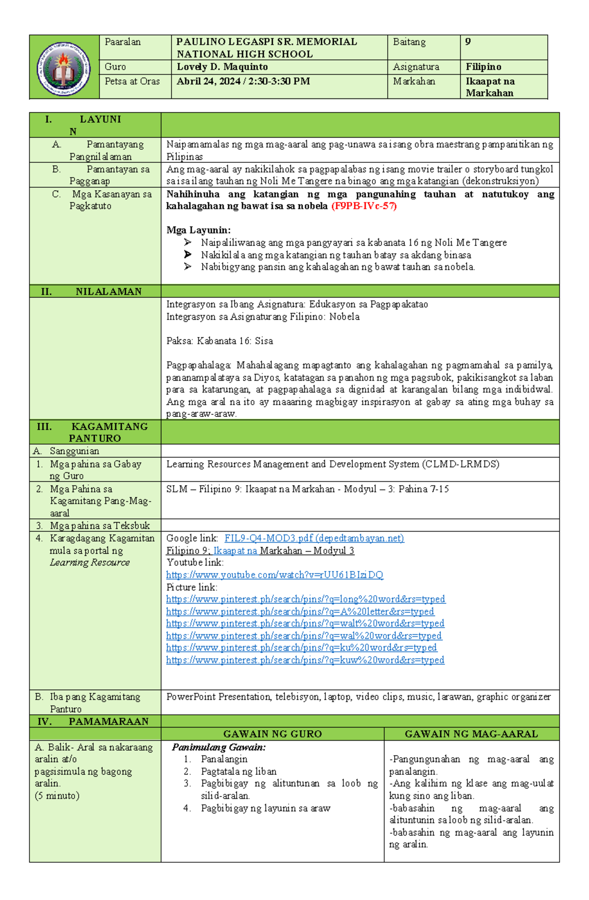 DLP Filipino 9 - Lesson Plan on Kabanata 16: Si Sisa for Demo - Studocu
