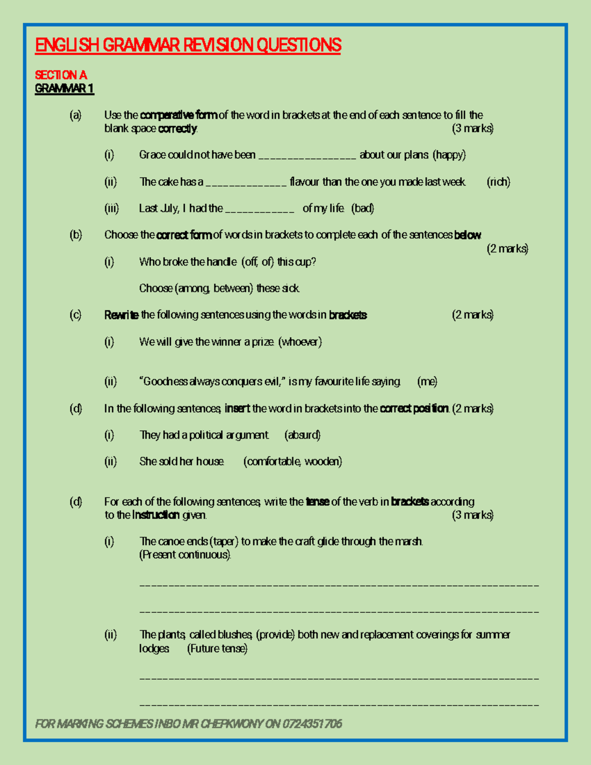 Grammar Revision Questions - E N G L I S H G R A M M A R R E V I S I O ...