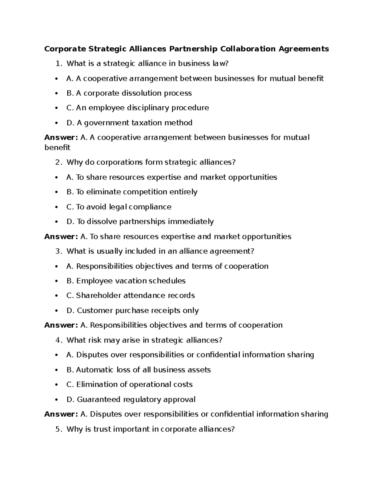 Corporate Strategic Alliances: Key Concepts and Agreements - Studocu