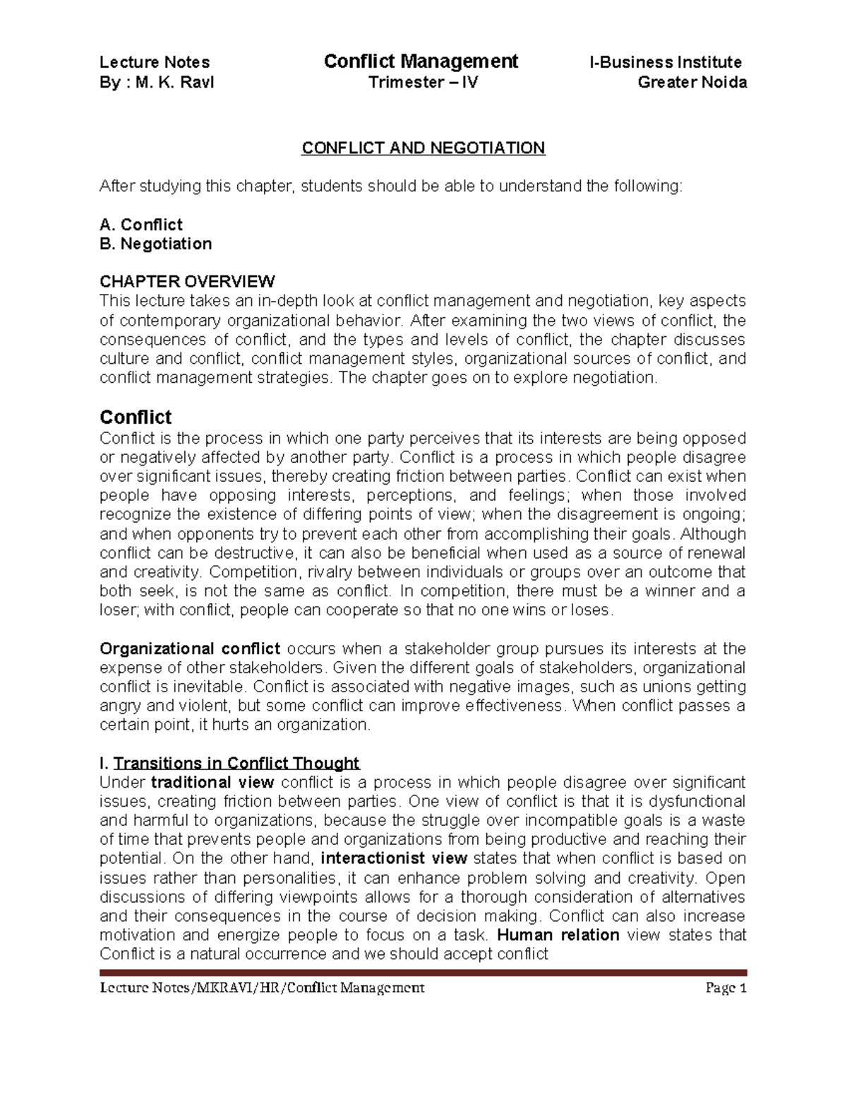 Lecture Notes: Conflict Management (Trimester IV) - M.K. Ravi - Studocu