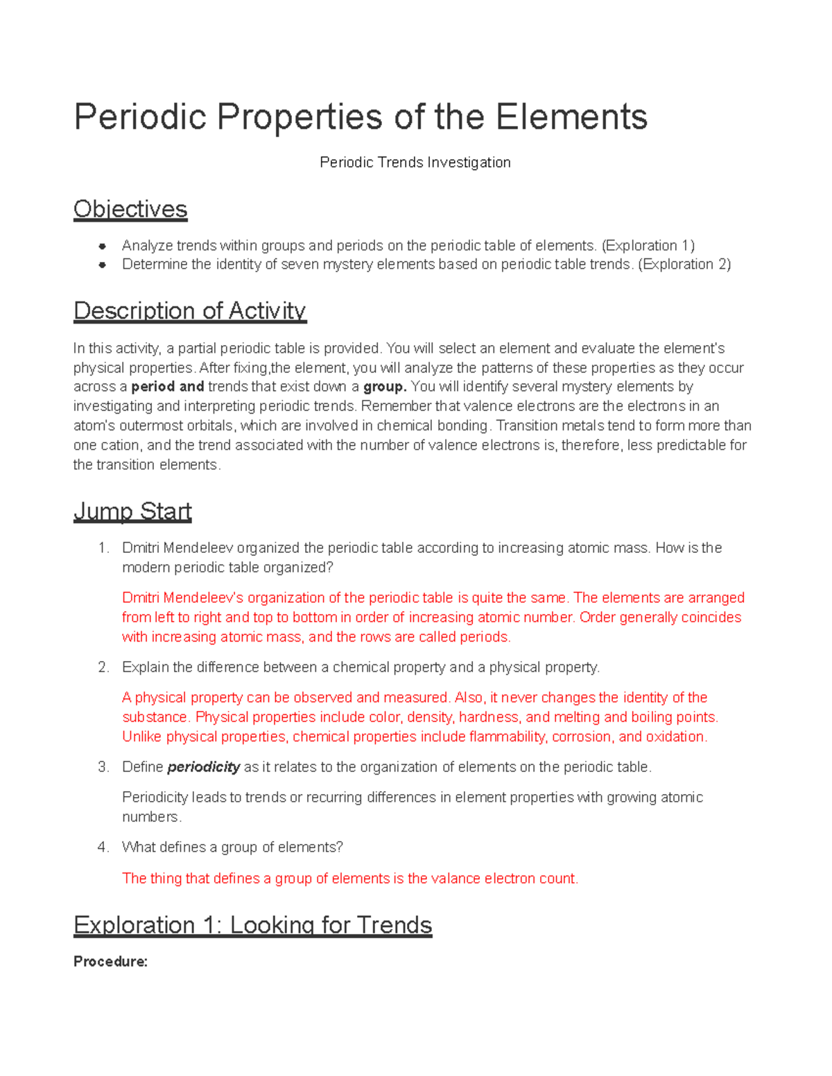 Periodic Trends Investigation - Periodic Properties of the Elements ...